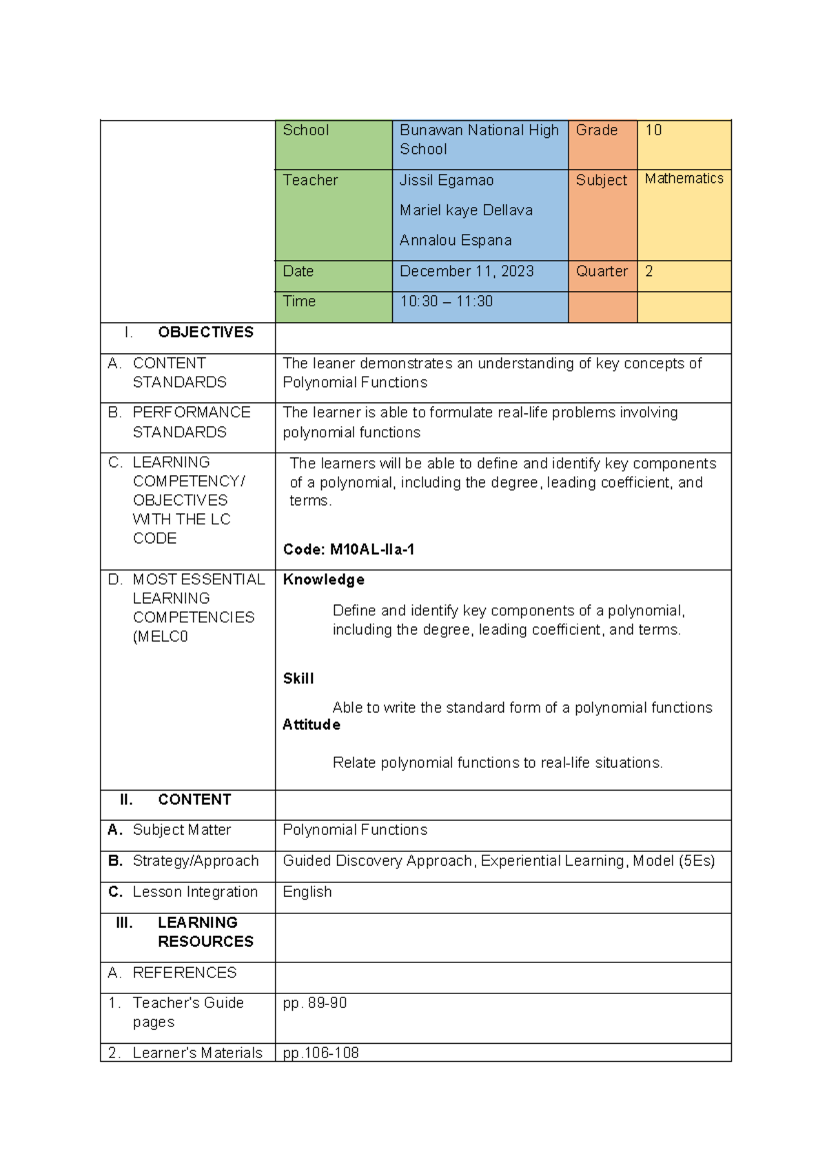 5Es Lesson Plan for Polynomial Functions in Grade 10 - M10AL-Ila- - Studocu