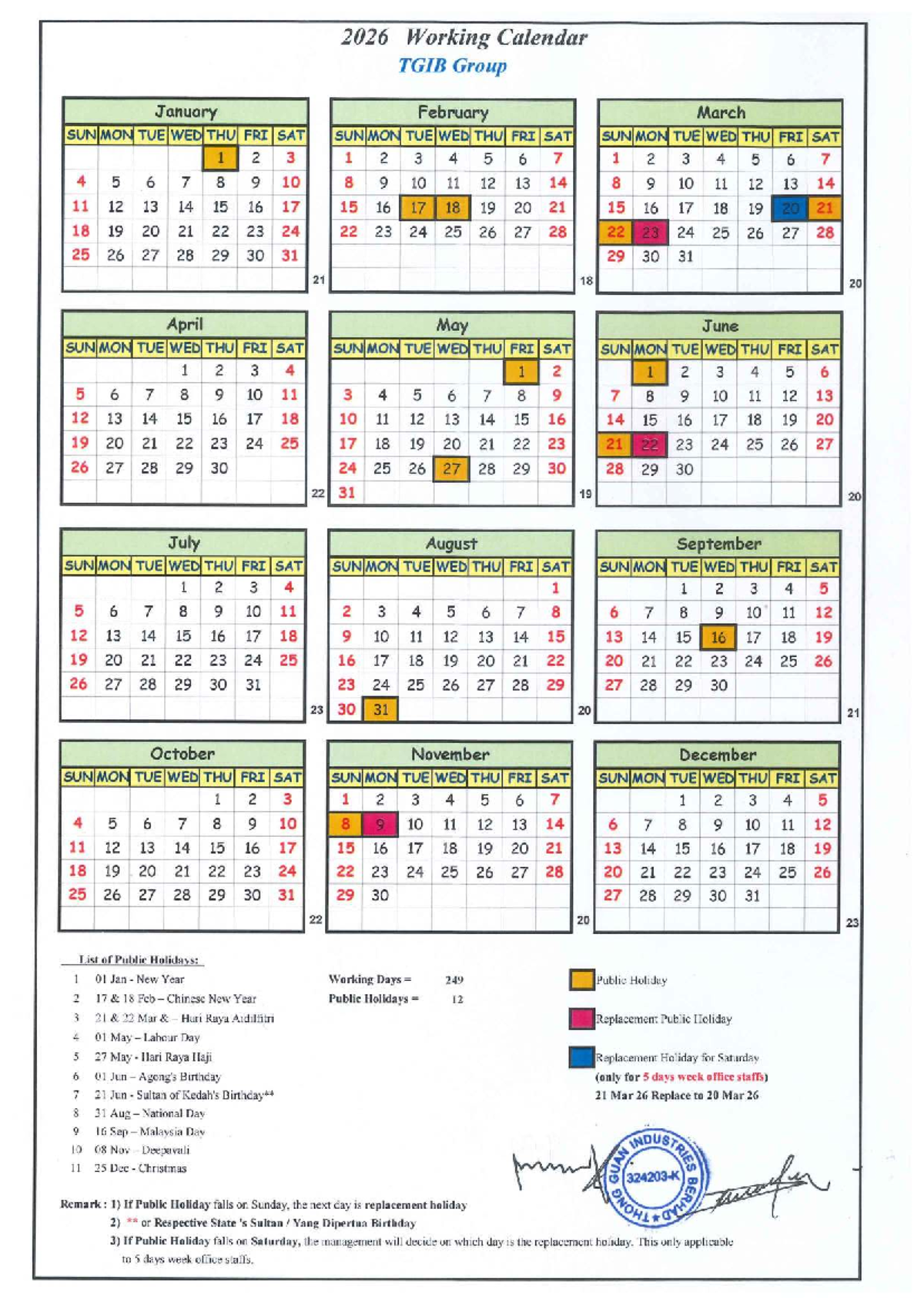 2026 Working Calendar & Public Holidays for TGIB Group - Studocu