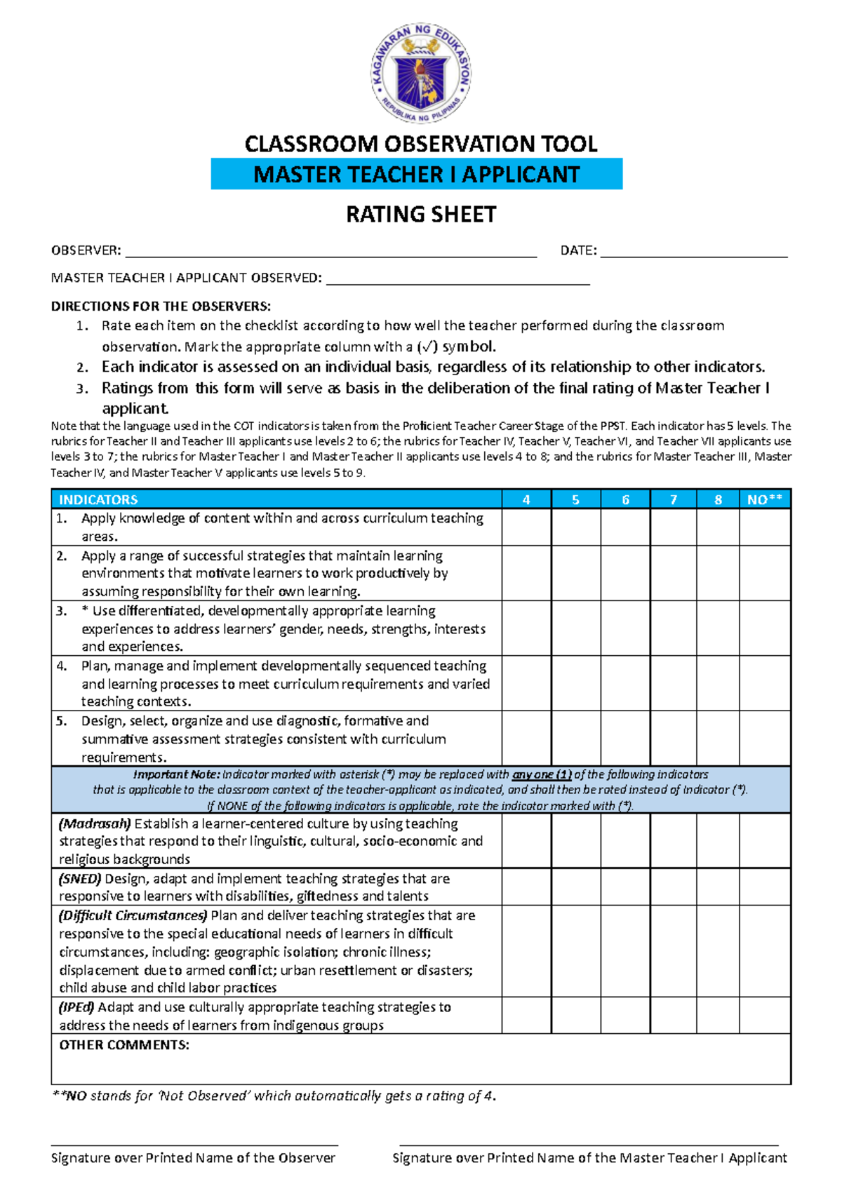 COT Rating Sheet for Master Teacher I Applicant Evaluation - Studocu