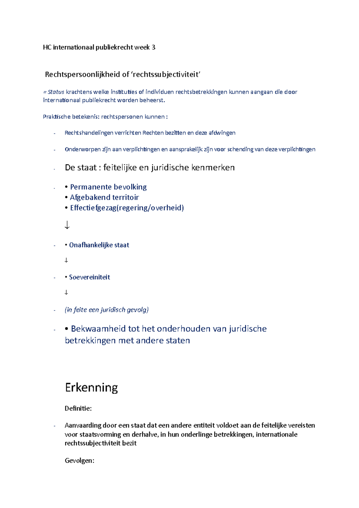 HC Internationaal Publiekrecht Week 3: Rechtspersoonlijkheid en ...
