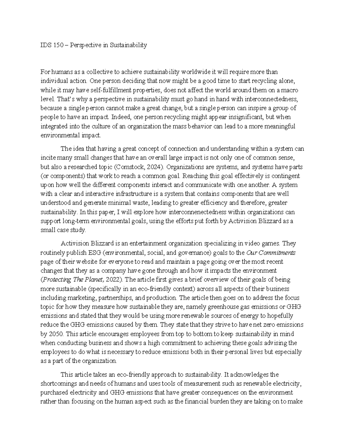 IDS 150 Final Exam: Exploring Interconnectedness in Sustainability ...