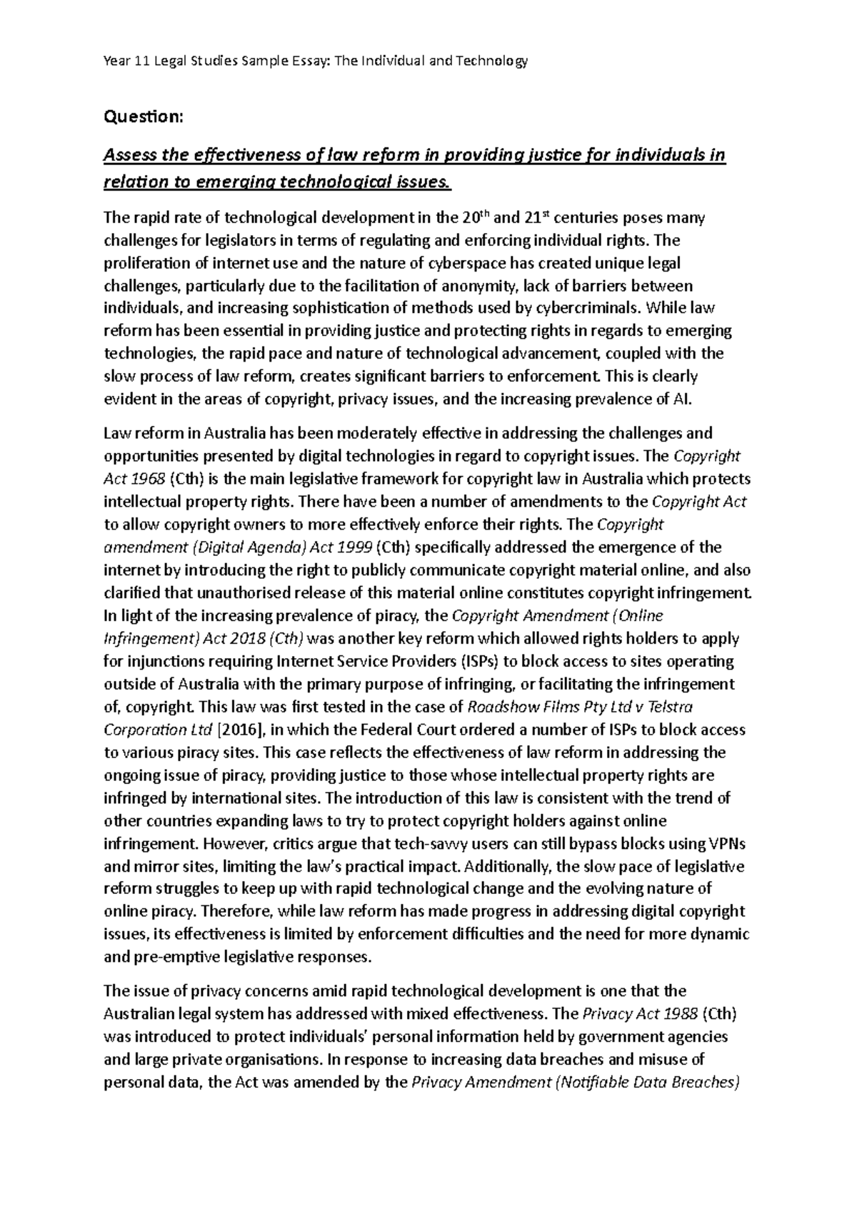 Year 11 Legal Studies Model Essay: Law Reform & Tech Issues - Studocu