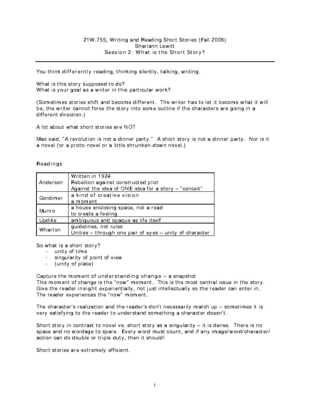 21W.755, Writing and Reading Short Stories: Session 2 Insights - Studocu