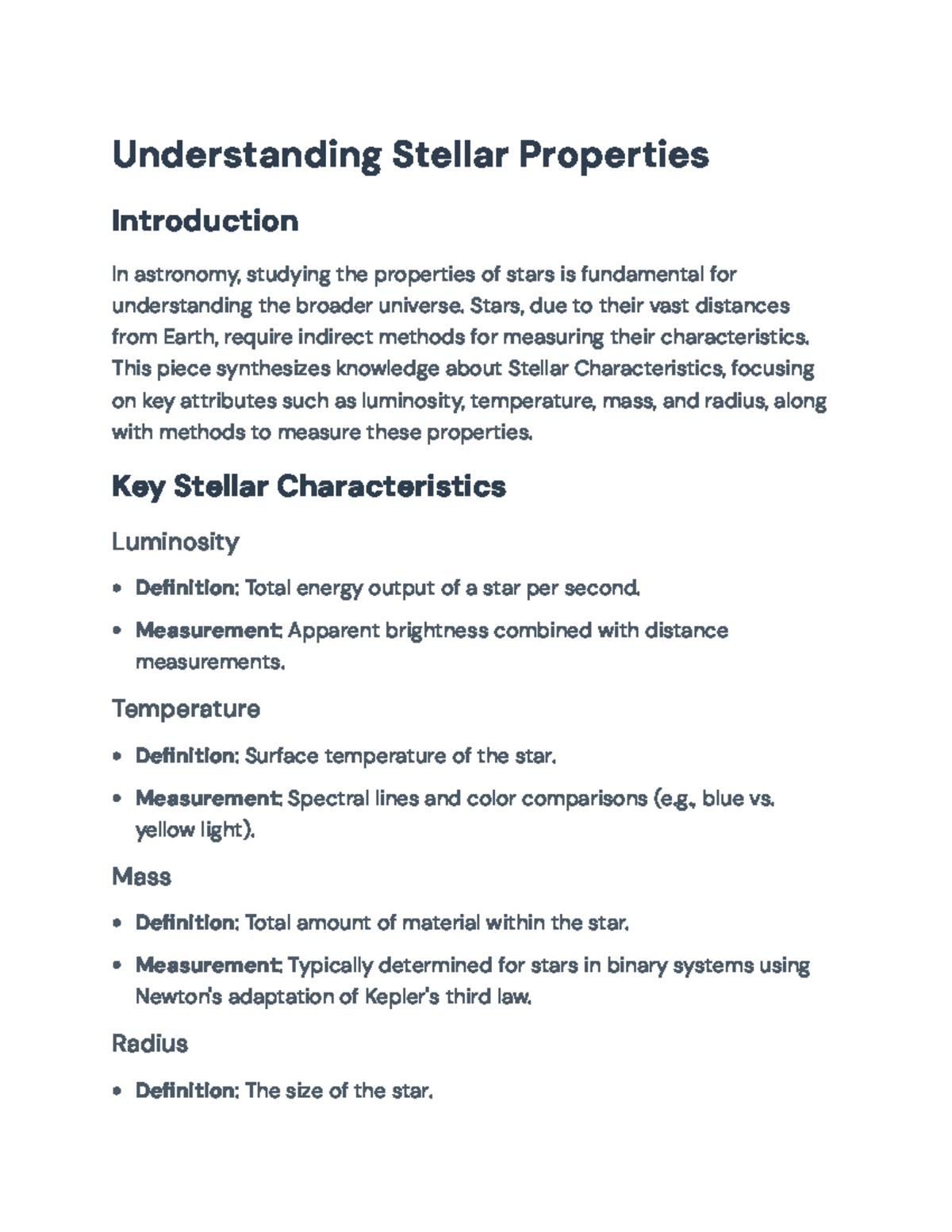 Stellar Properties and Measurement Methods in Astronomy - Understanding ...