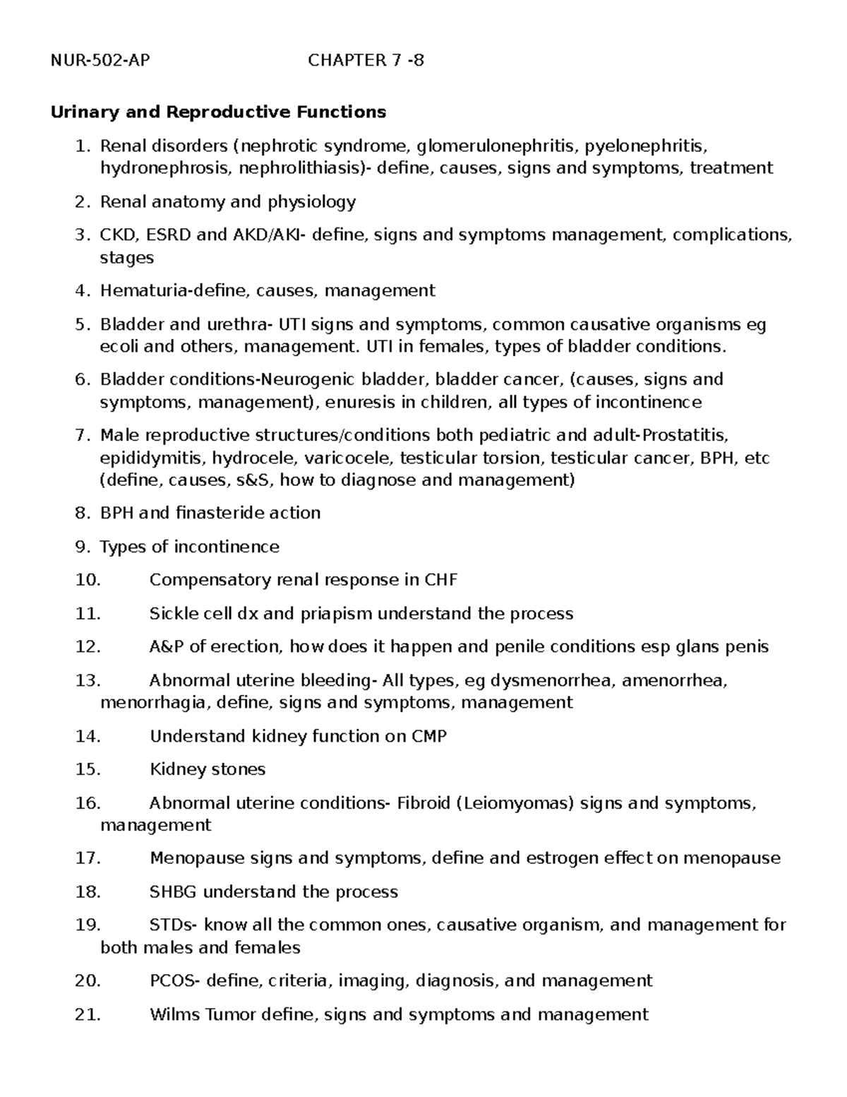 CHAPTER 7-8: Urinary & Reproductive Functions Overview and Disorders - Studocu