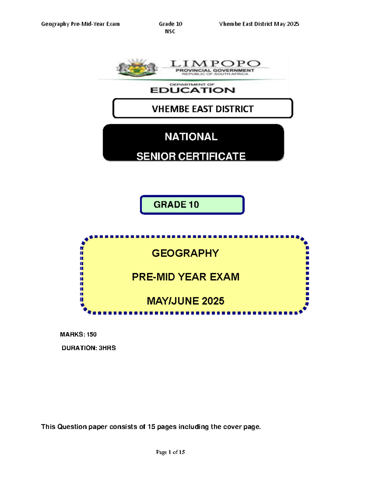 Geography Grade 10 NSC Pre-Mid Exam Question Paper 2025 - Studocu