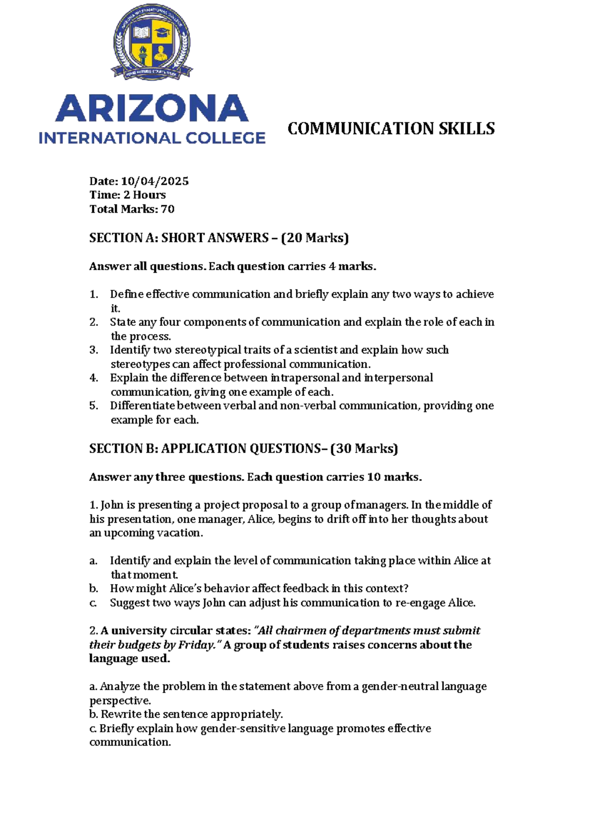 COMMUNICATION SKILLS EXAM - Short Answers & Applications (70 Marks ...