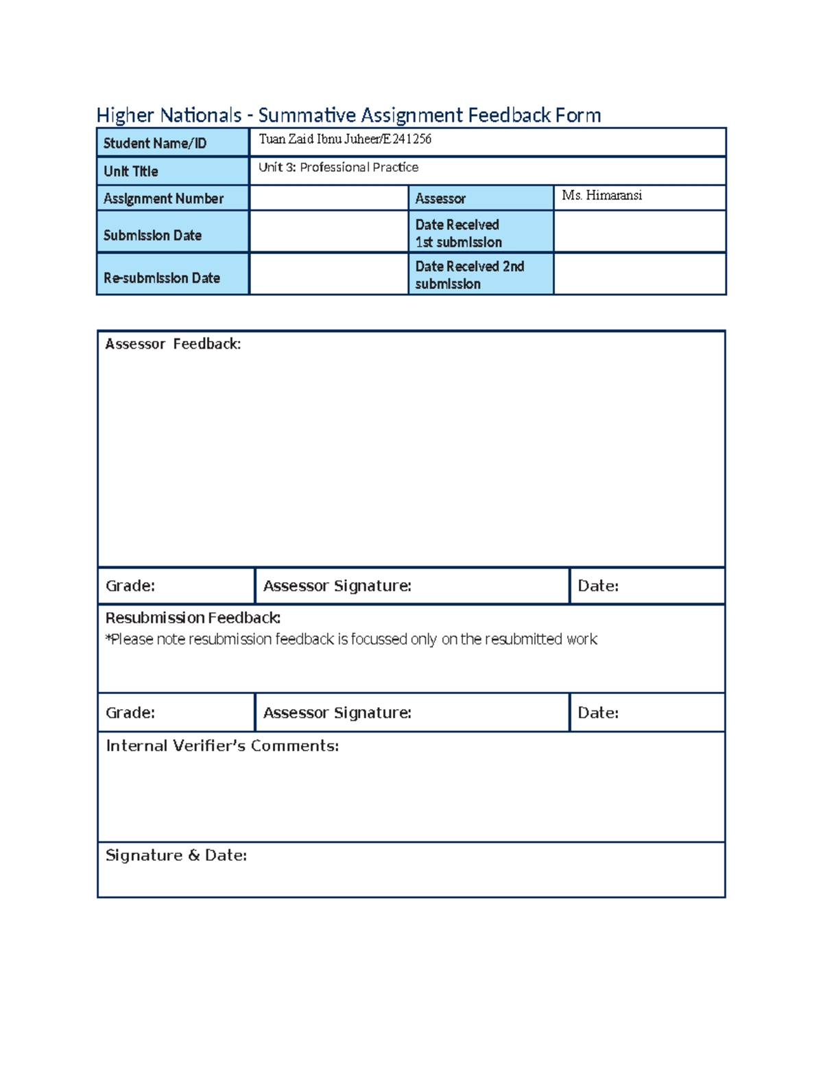BTEC HND Computing Unit 3: Professional Practice Assignment Feedback Form - Studocu