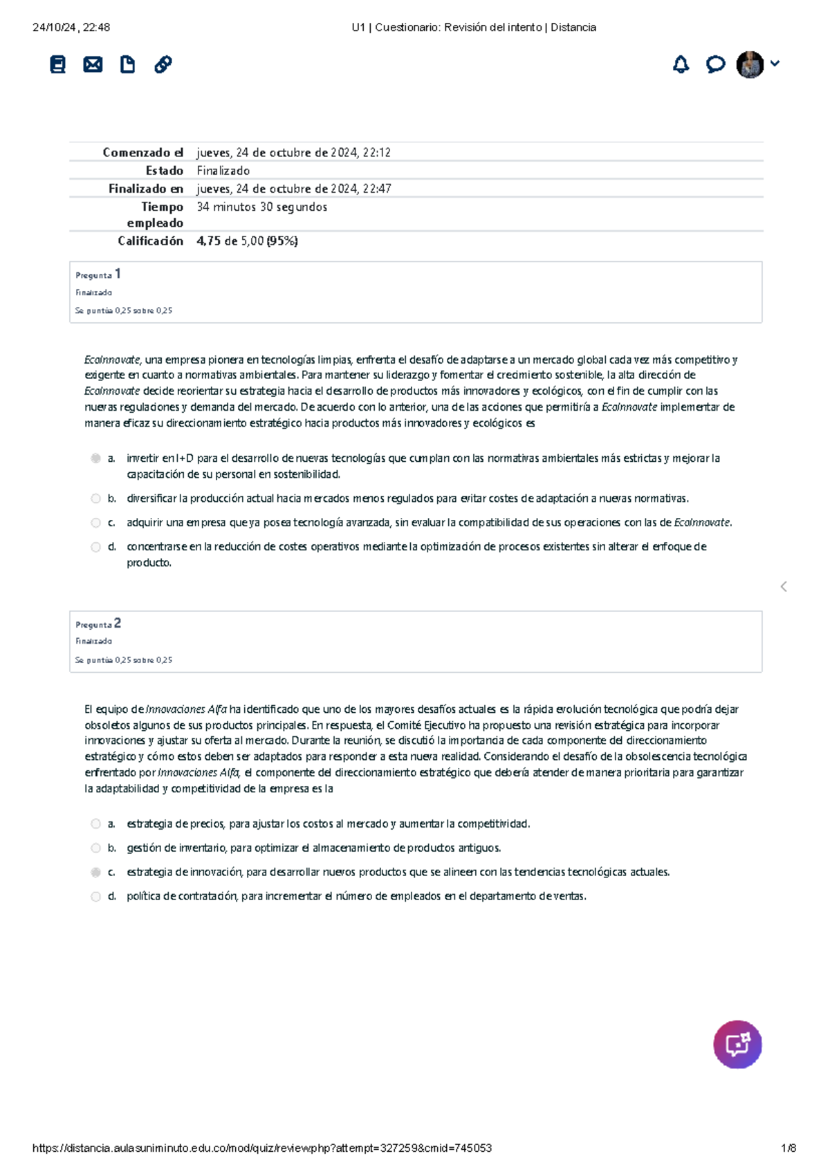U1 Cuestionario de Revisión de Estrategias Empresariales Distancia - Studocu