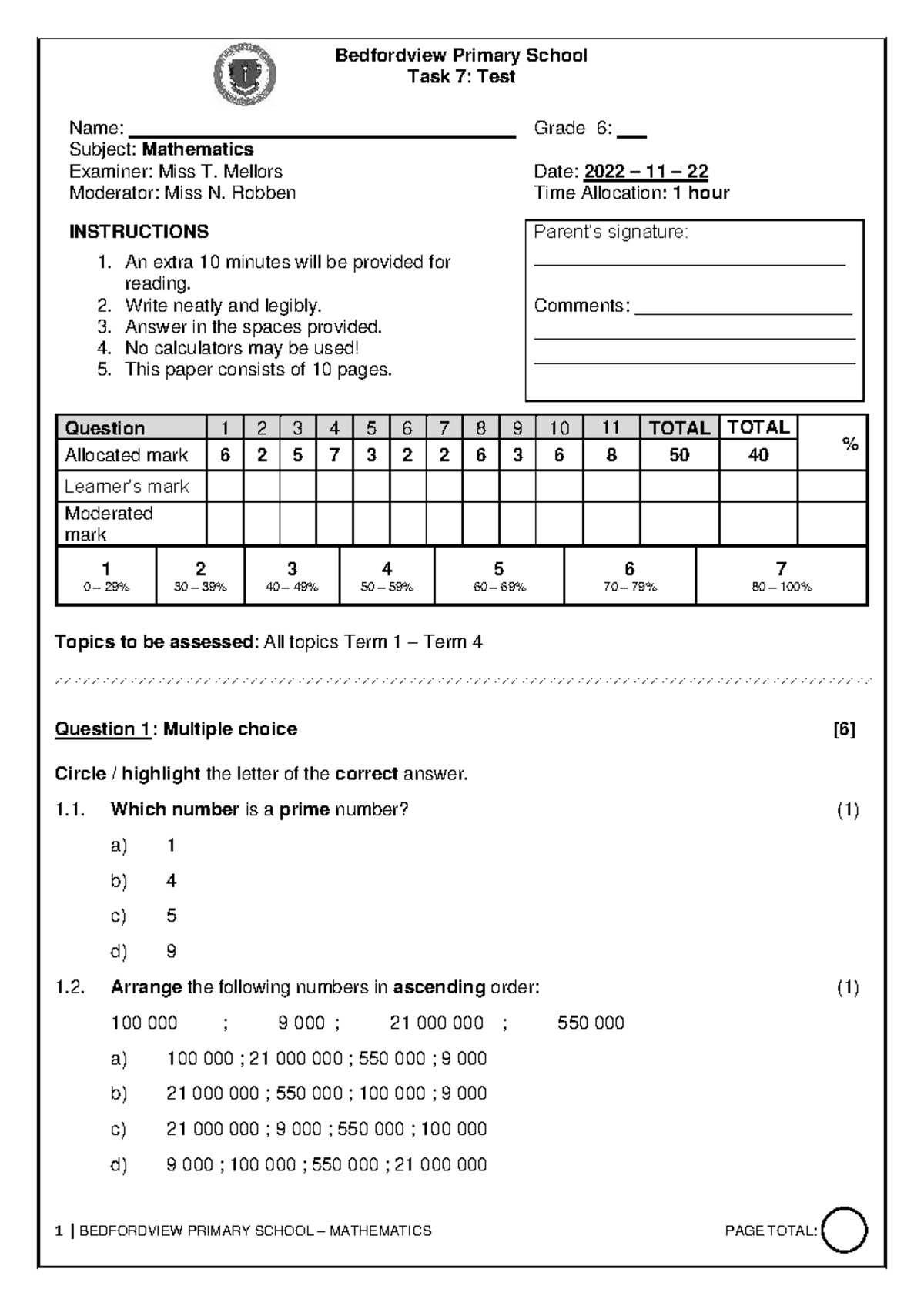 Bedfordview Primary School Grade 6 Mathematics Nov Test Task 7 - Studocu