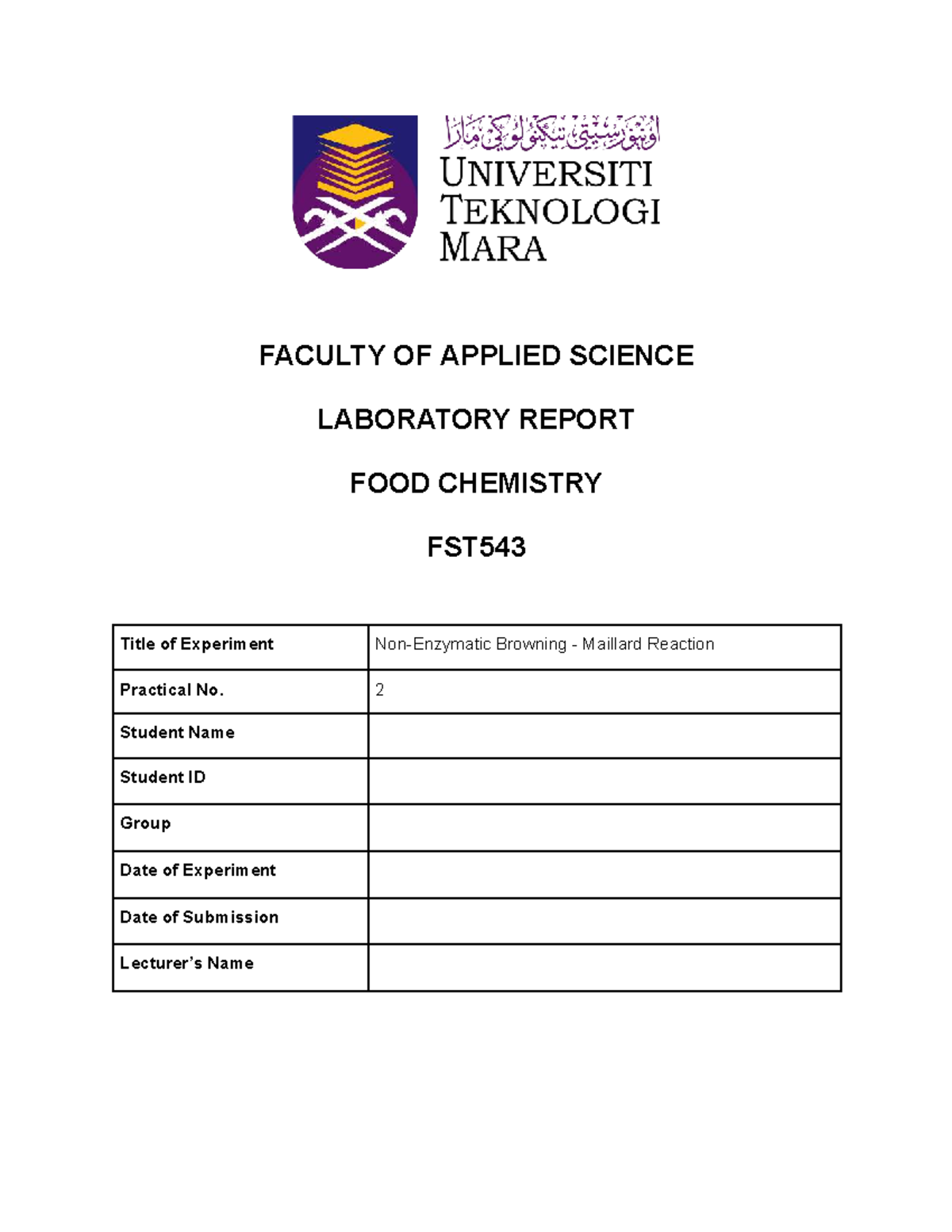 Front PAGE LAB Report - cover page - Food Chemistry - UNIVERSITI ...