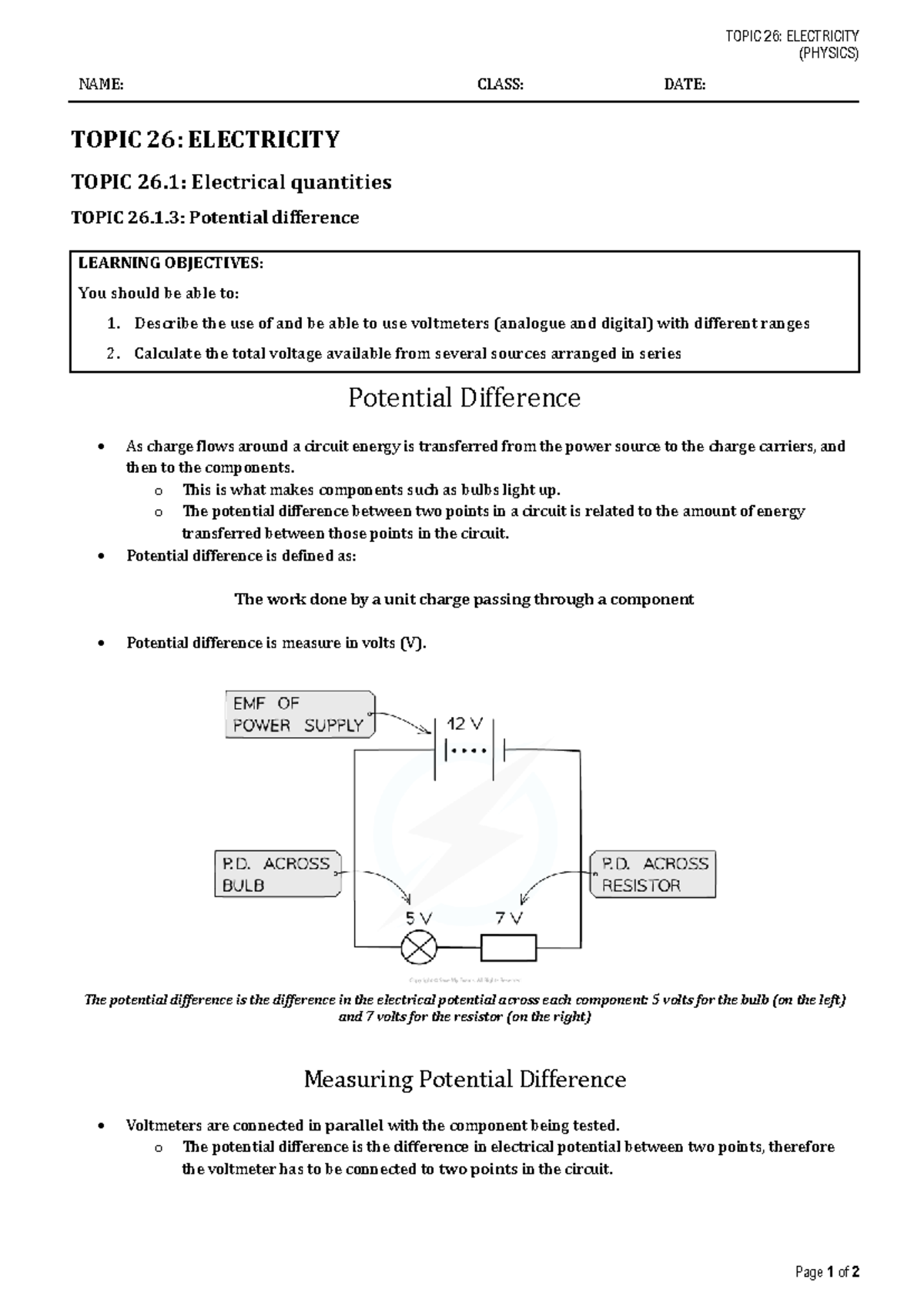 OLVL Physics Topic 26: Electricity - Potential Difference Notes - Studocu