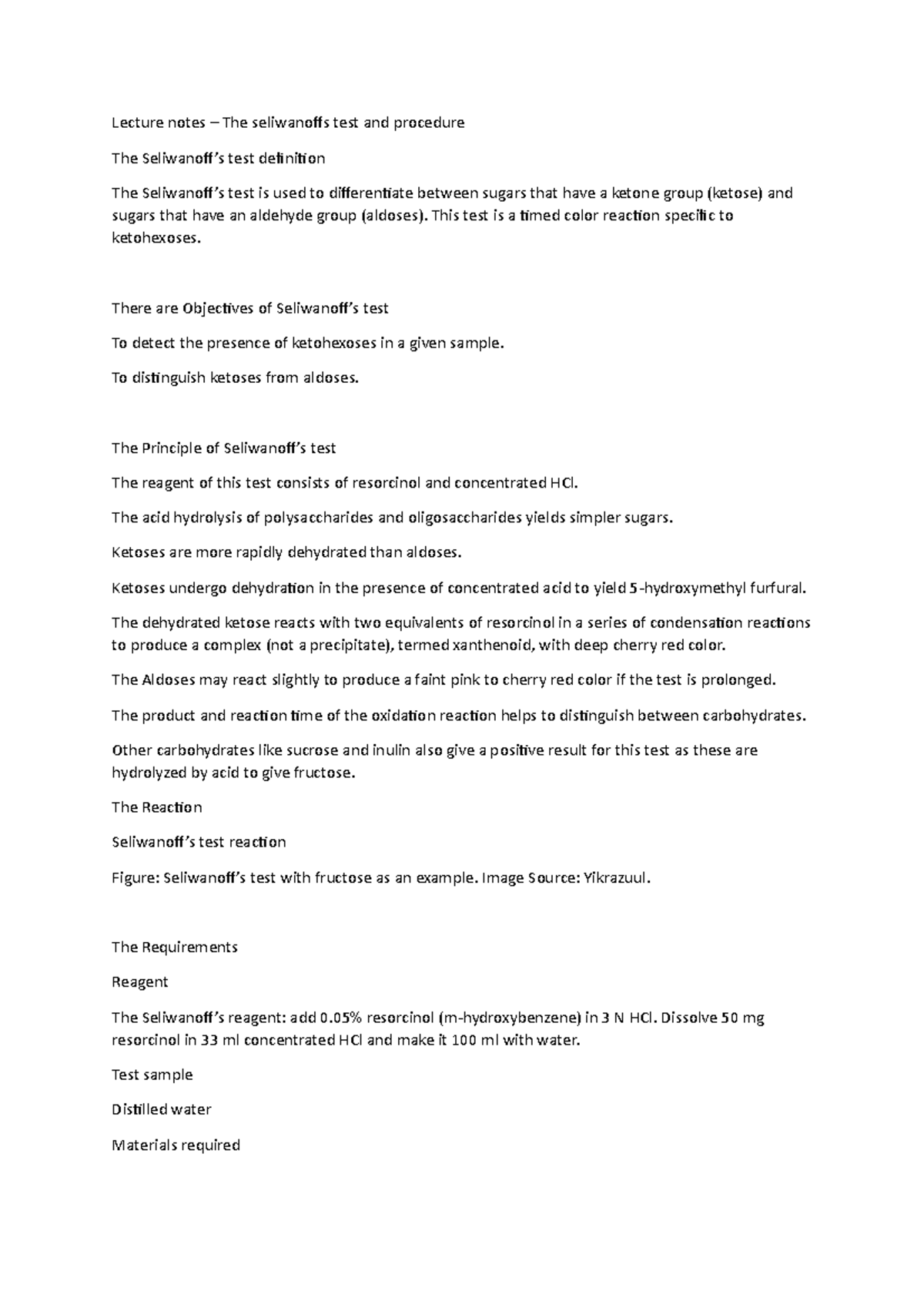 Lecture Notes - Seliwanoff's Test Procedure Explained - Studocu
