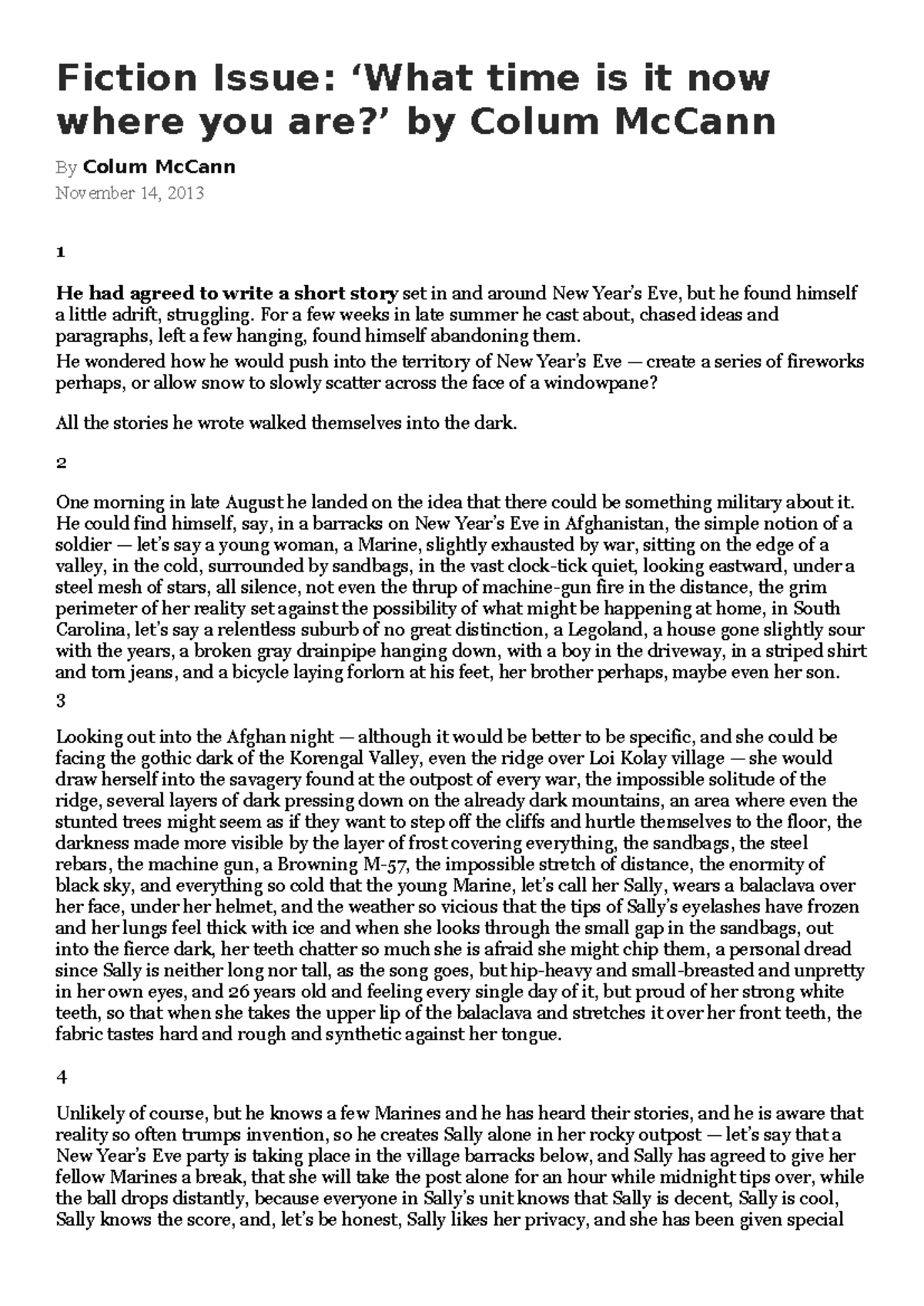 Fiction Analysis: "What Time Is It Now?" by Colum McCann - Studocu