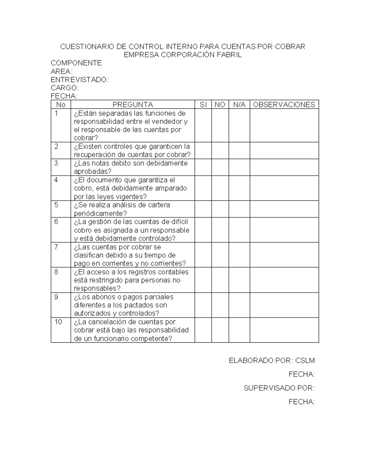 Cuestionario de Control Interno para Cuentas por Cobrar - CCF102 - Studocu