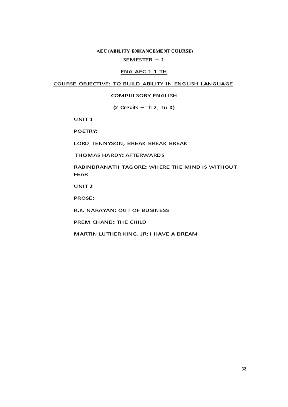 Aec English Syllabus Summary For B Com Semester 1 Overview Studocu