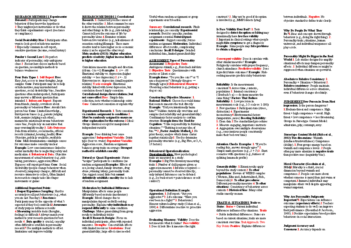 Psyc 101: Research Methods Cheat Sheet - Key Concepts & Biases - Studocu