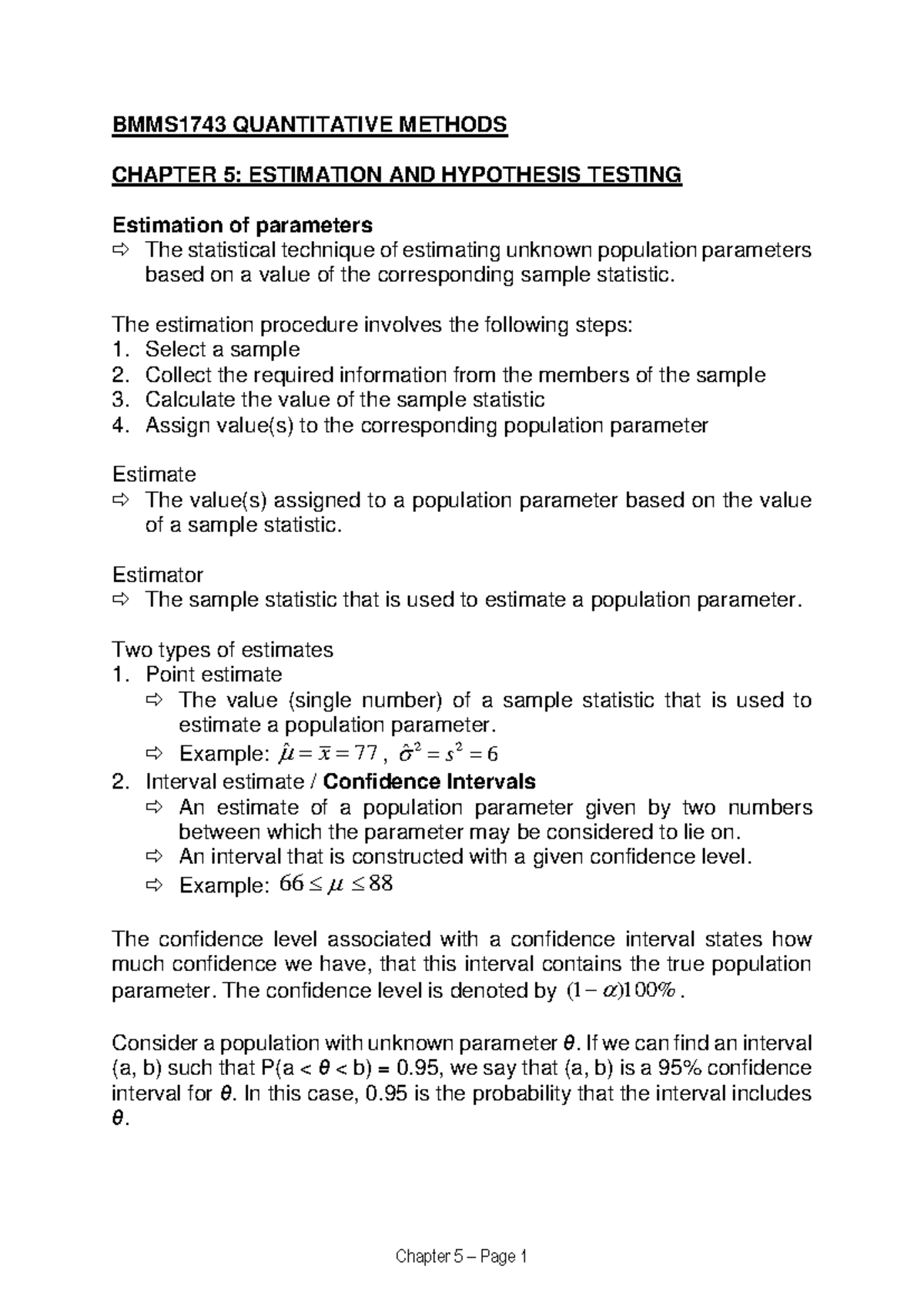 BMMS1743 Quantitative Methods: Chapter 5 Estimation & Hypothesis ...