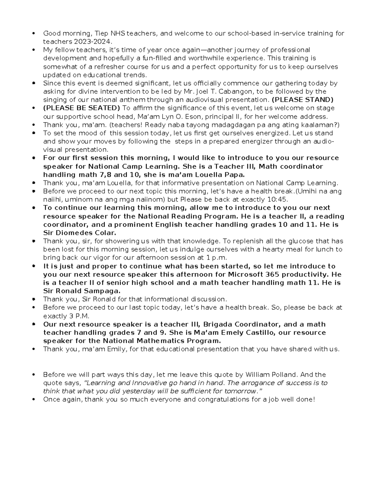 MC Script Inset Training - Good morning, Tiep NHS teachers, and welcome ...