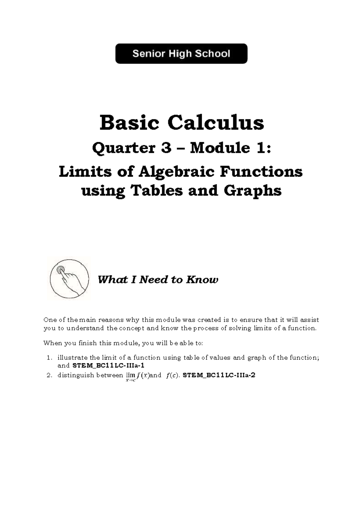 Basic Calculus Quarter3 Module1 - Basic Calculus Quarter 3 – Module 1: Limits of Algebraic ...