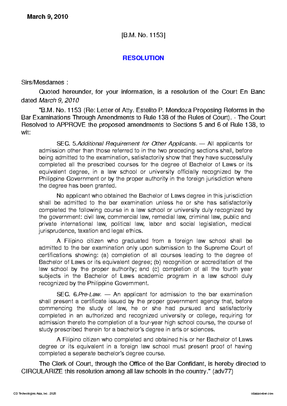 Letter of Atty. Estelito P. Mendoza Proposing Reforms in the Bar Exam ...
