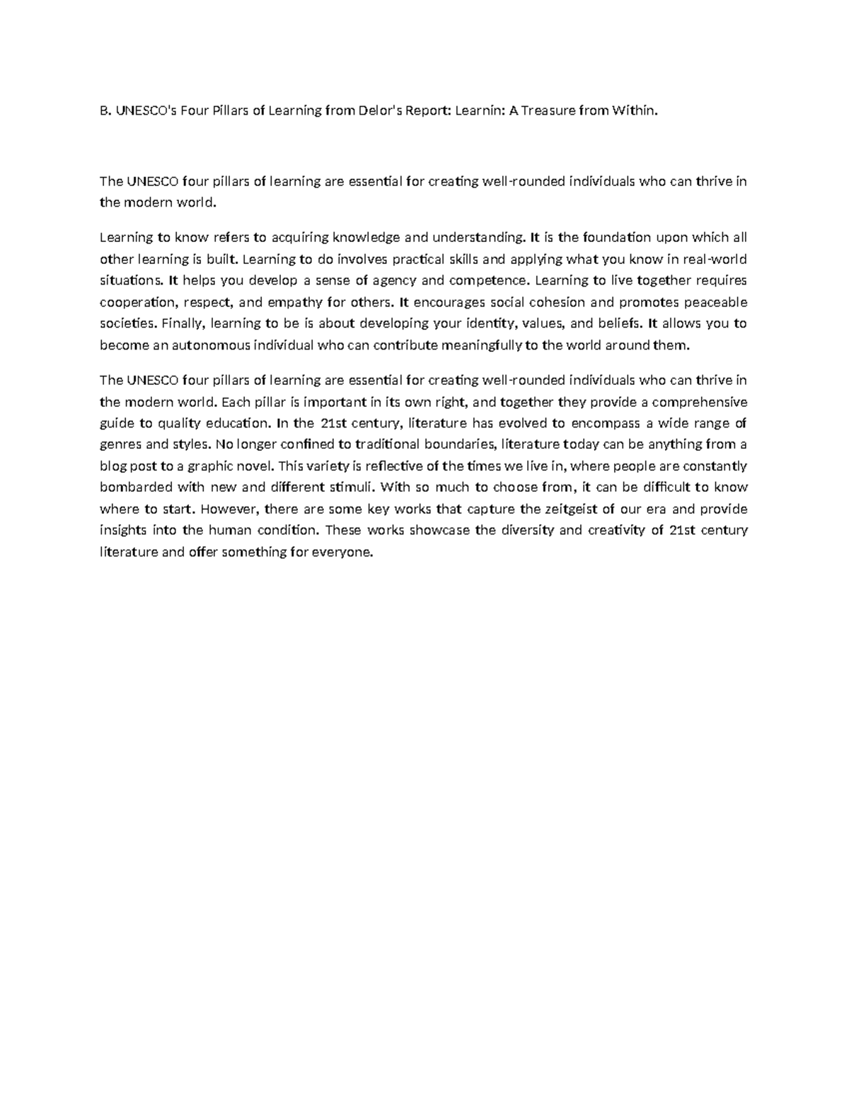 B. UNESCO's Four Pillars of Learning: A Comprehensive Guide - Studocu
