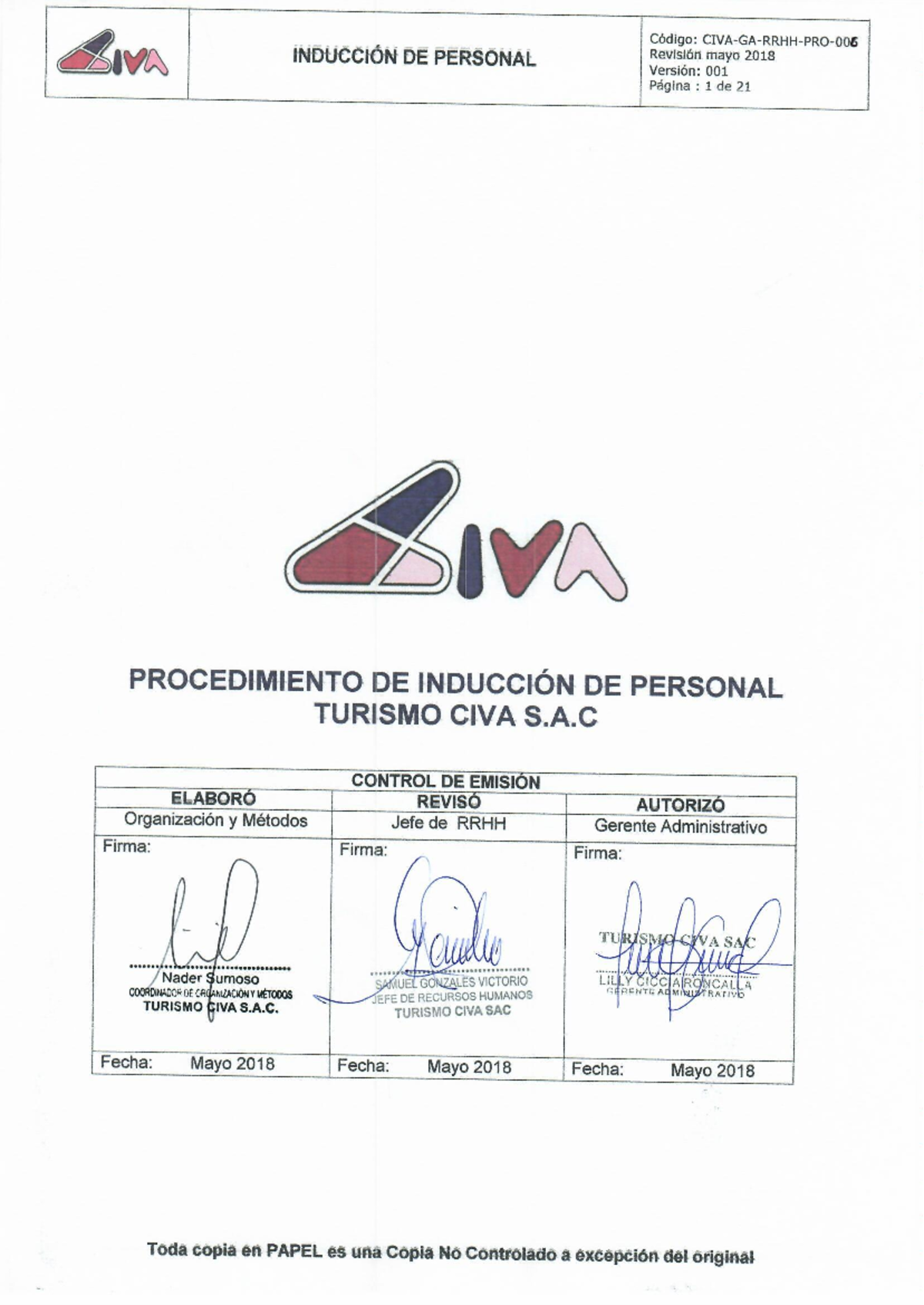 Procedimiento de Inducción de Personal - Código: 001, Mayo 2018 - Studocu