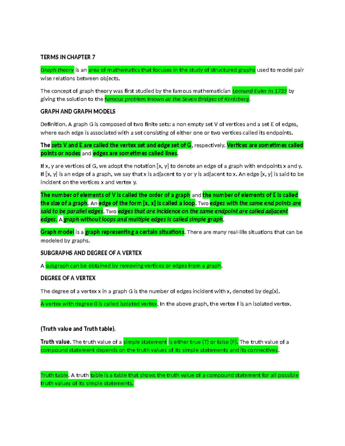 Reviewer in mmw - sum - TERMS IN CHAPTER 7 Graph theory is an area of ...