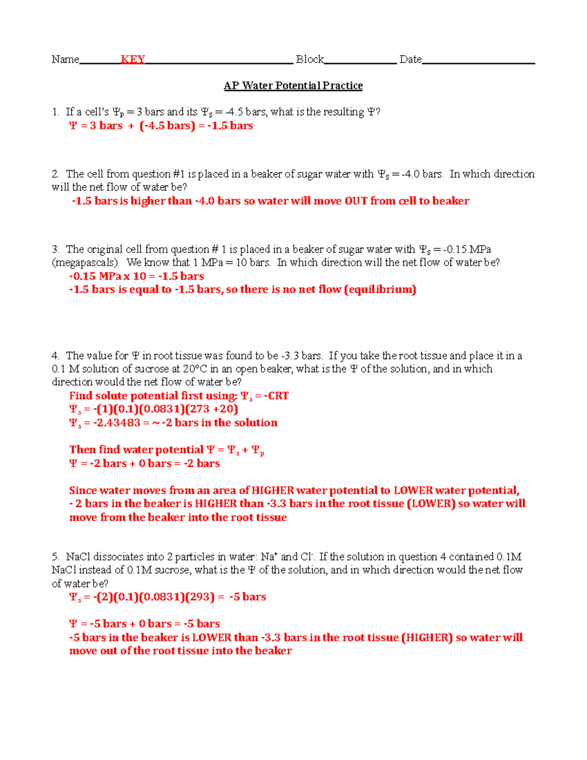 AP Water Potential Practice Key: Understanding Ψ and Water Flow - Studocu