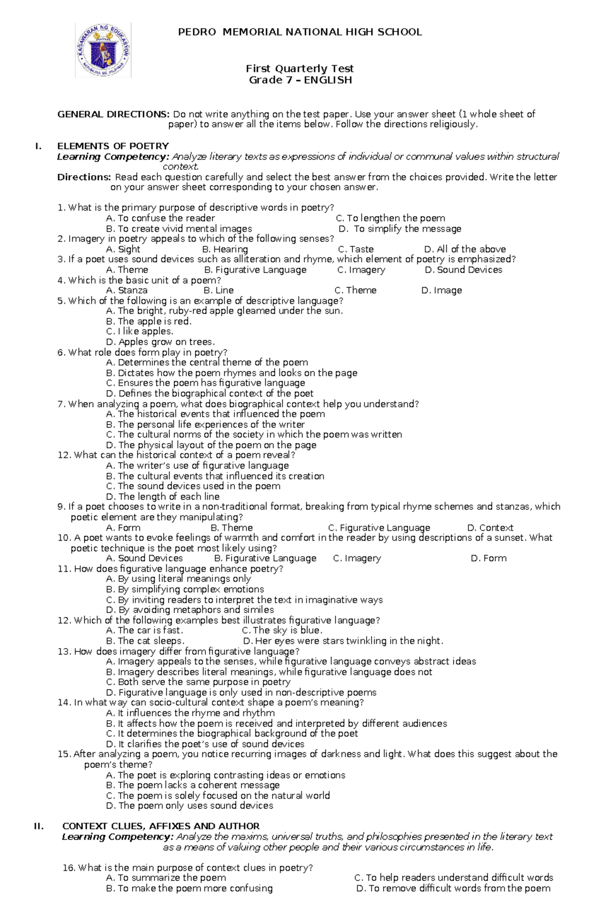 Grade 7 English 1st Quarterly Test: Elements of Poetry & Literary ...