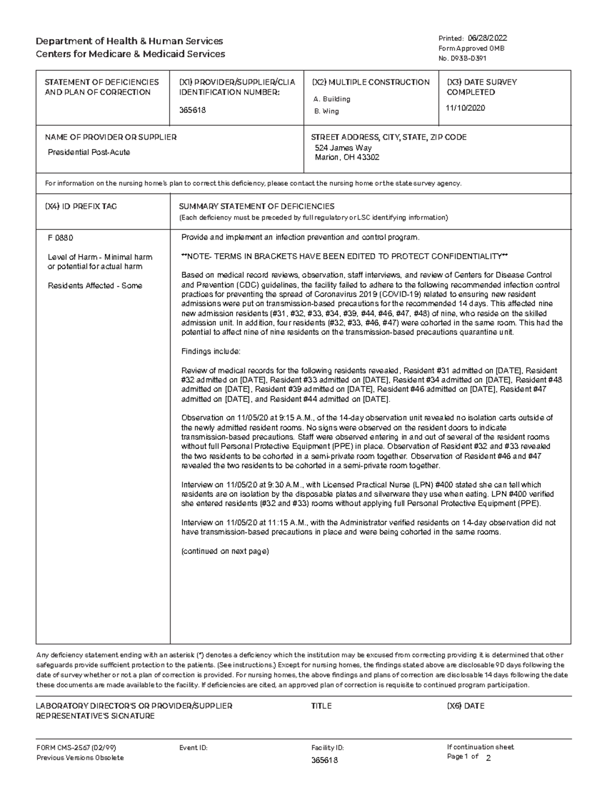 Infection Control Deficiencies Report - CMS Form 2567 - Studocu