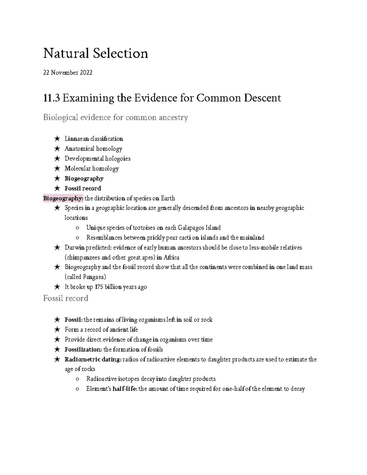 Natural Selection - Lecture Notes on Common Descent Evidence - Studocu