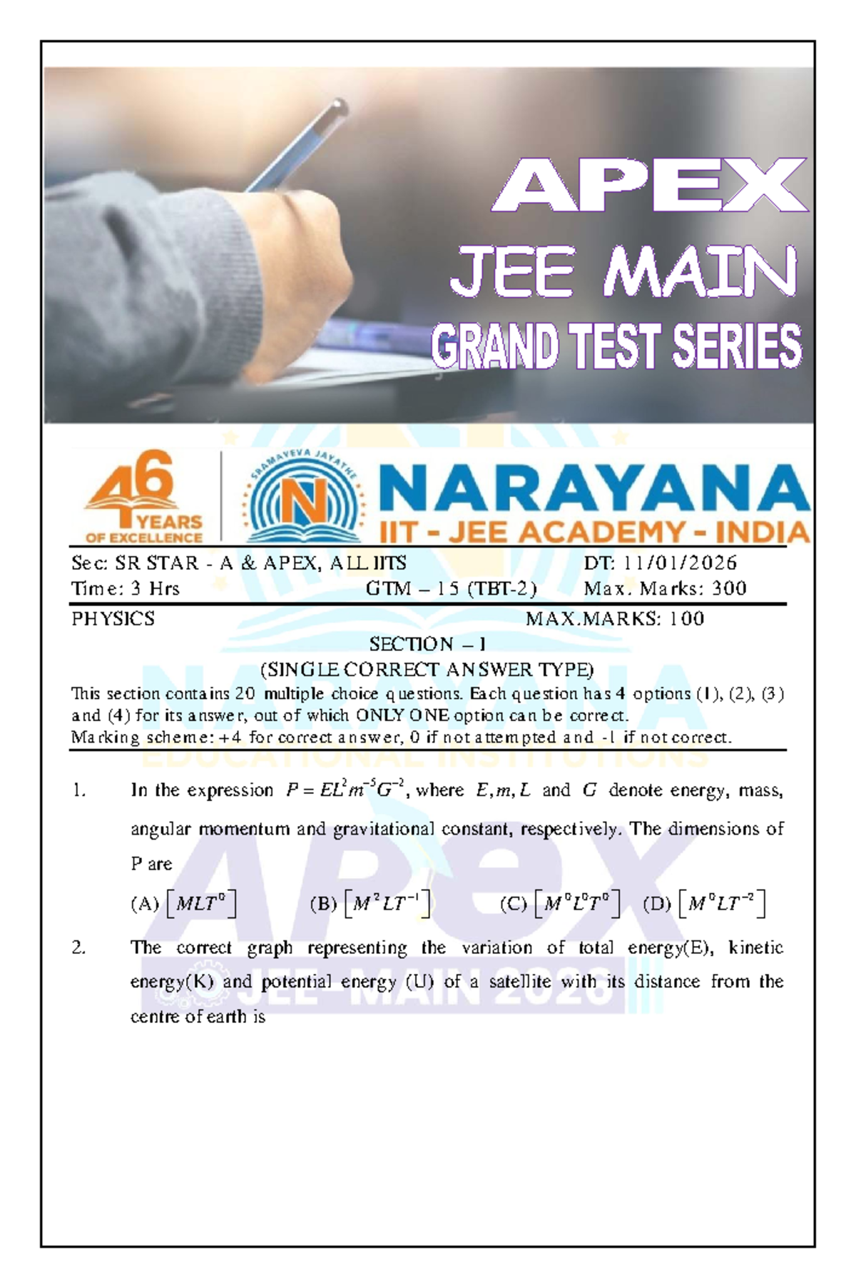 SR STAR A & APEX, ALL IITS: JEE Main Model GTM-15 QP Final Exam - Studocu
