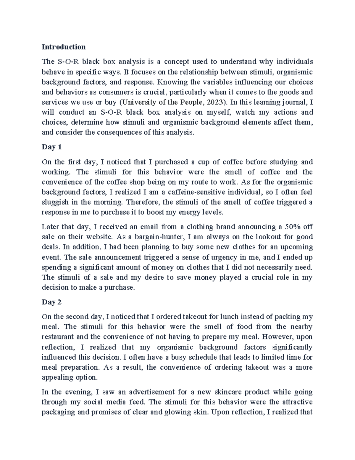 Unit 1 Learning Journal: Personal S-O-R Black Box Analysis - Studocu