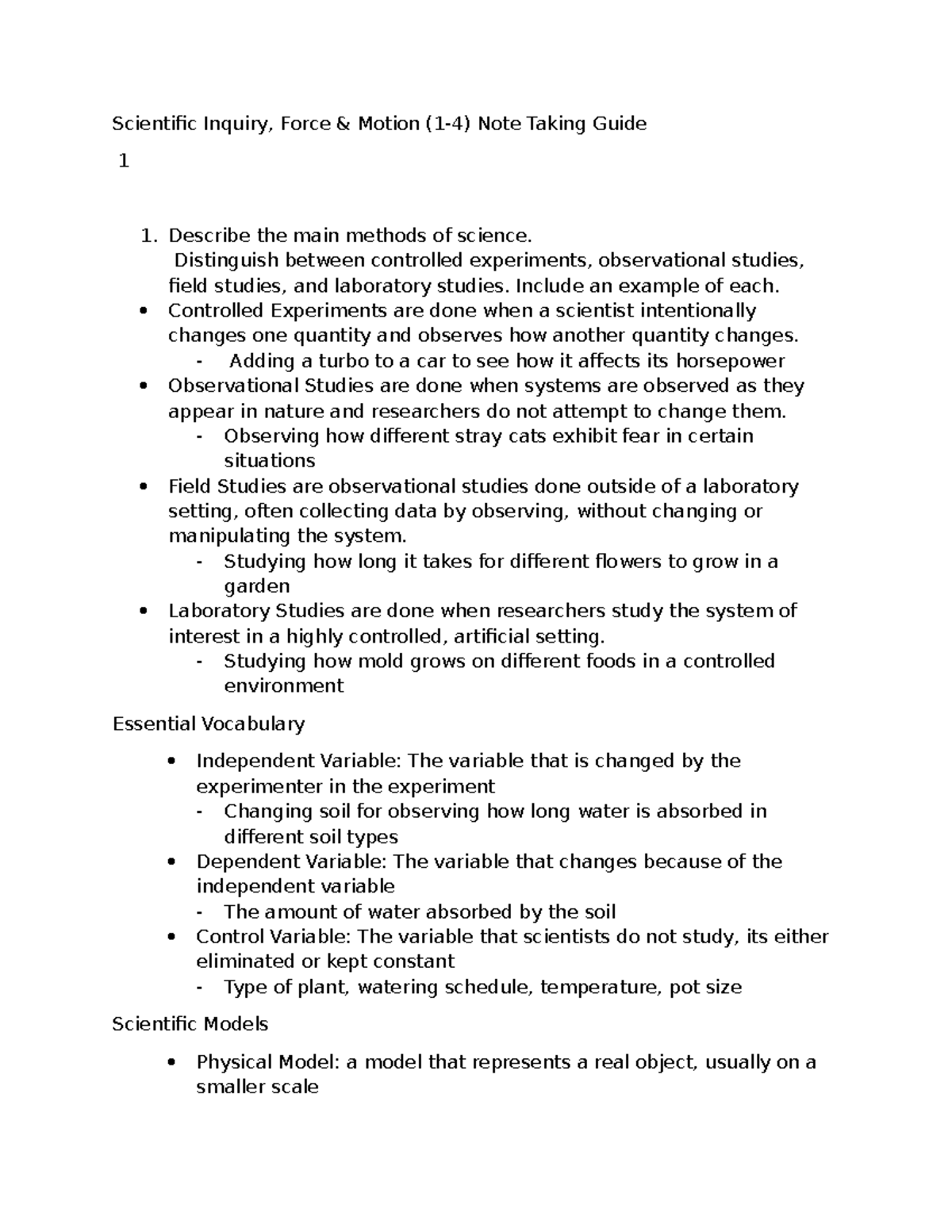 Section 1 lessons 1-4 - notes for science - Scientific Inquiry, Force ...