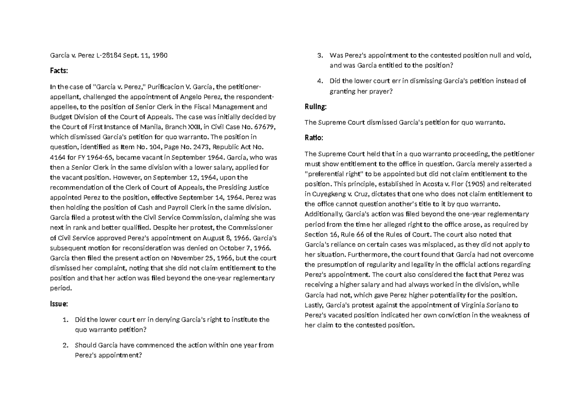 Rule 66 Case Summaries: Garcia v. Perez, Gaerlan v. Catubig, & Sereno ...