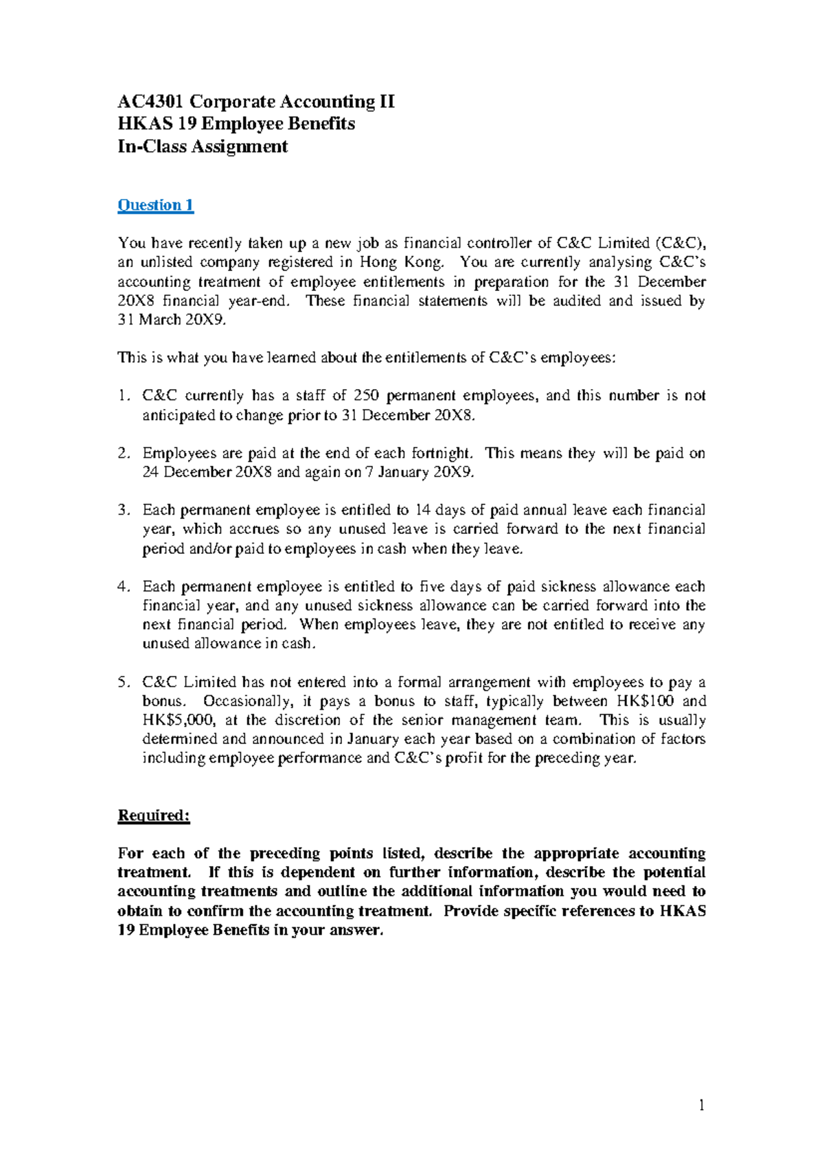 AC4301 Corporate Accounting II: HKAS 19 Employee Benefits Assignment ...