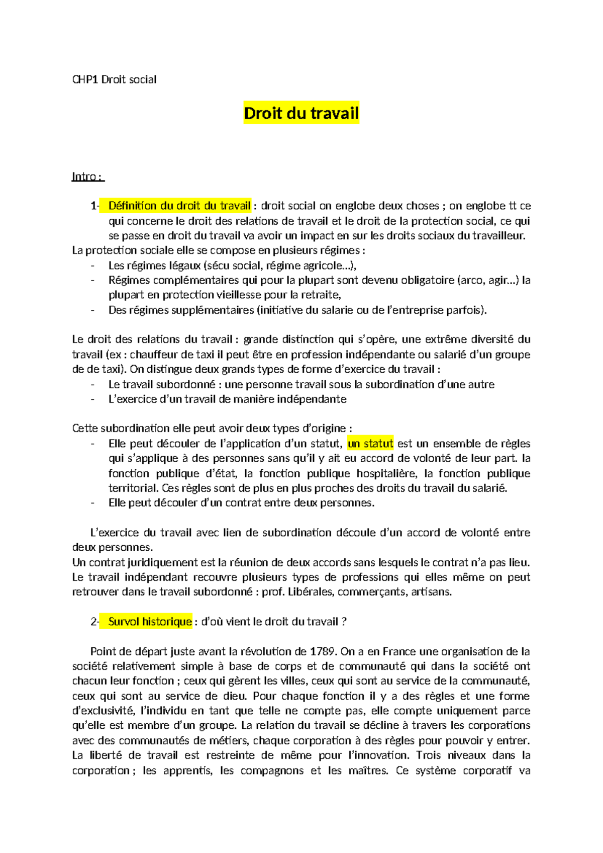 CHP1 Droit social : Introduction au Droit du Travail et ses Fondements ...