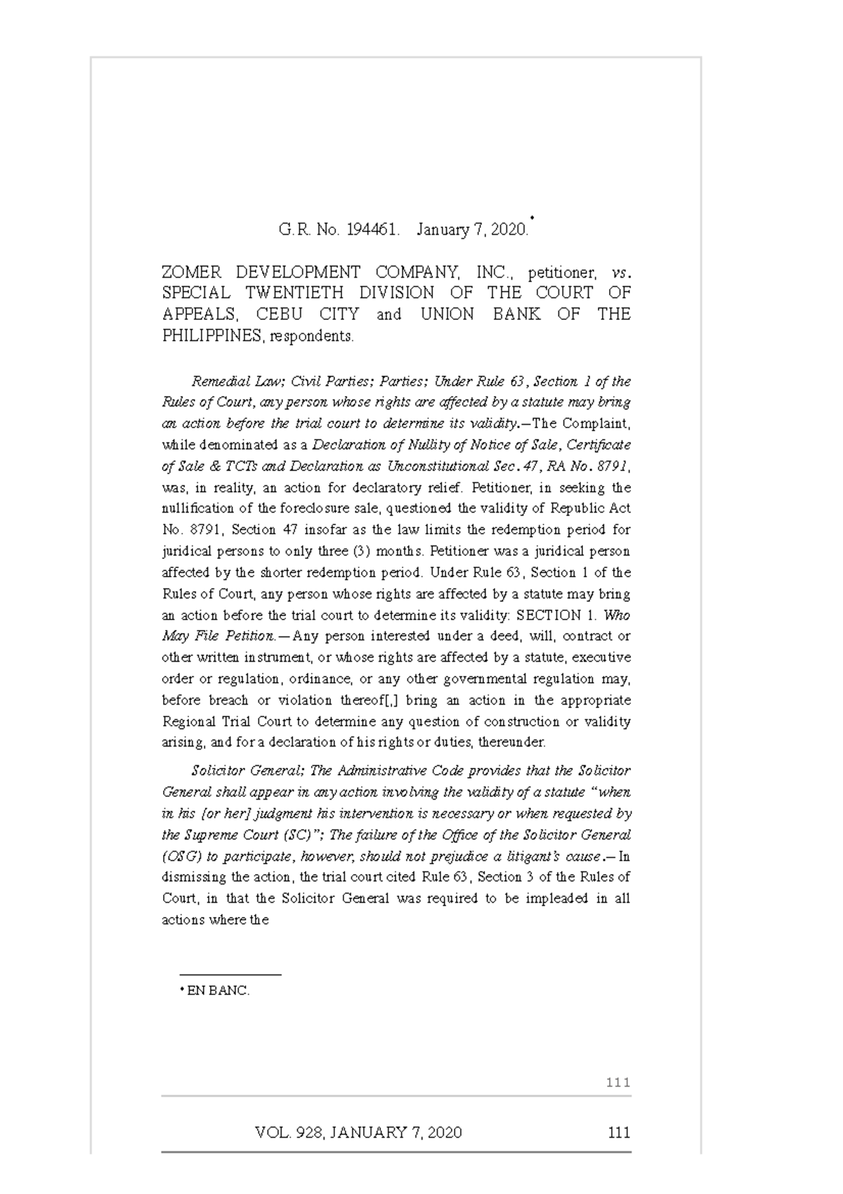 Zomer Development Co. Inc. v. Special 20th Division: Declaratory Relief ...