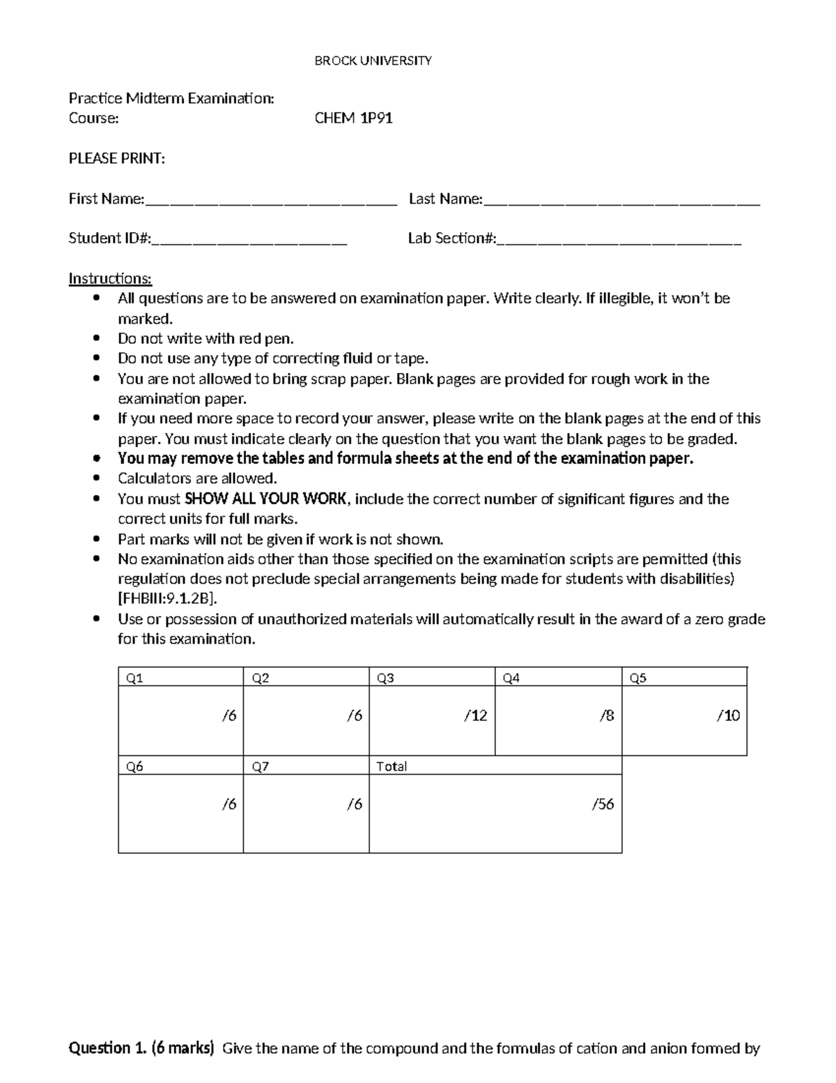 CHEM 1P91 Practice Midterm Exam Instructions and Questions - Studocu
