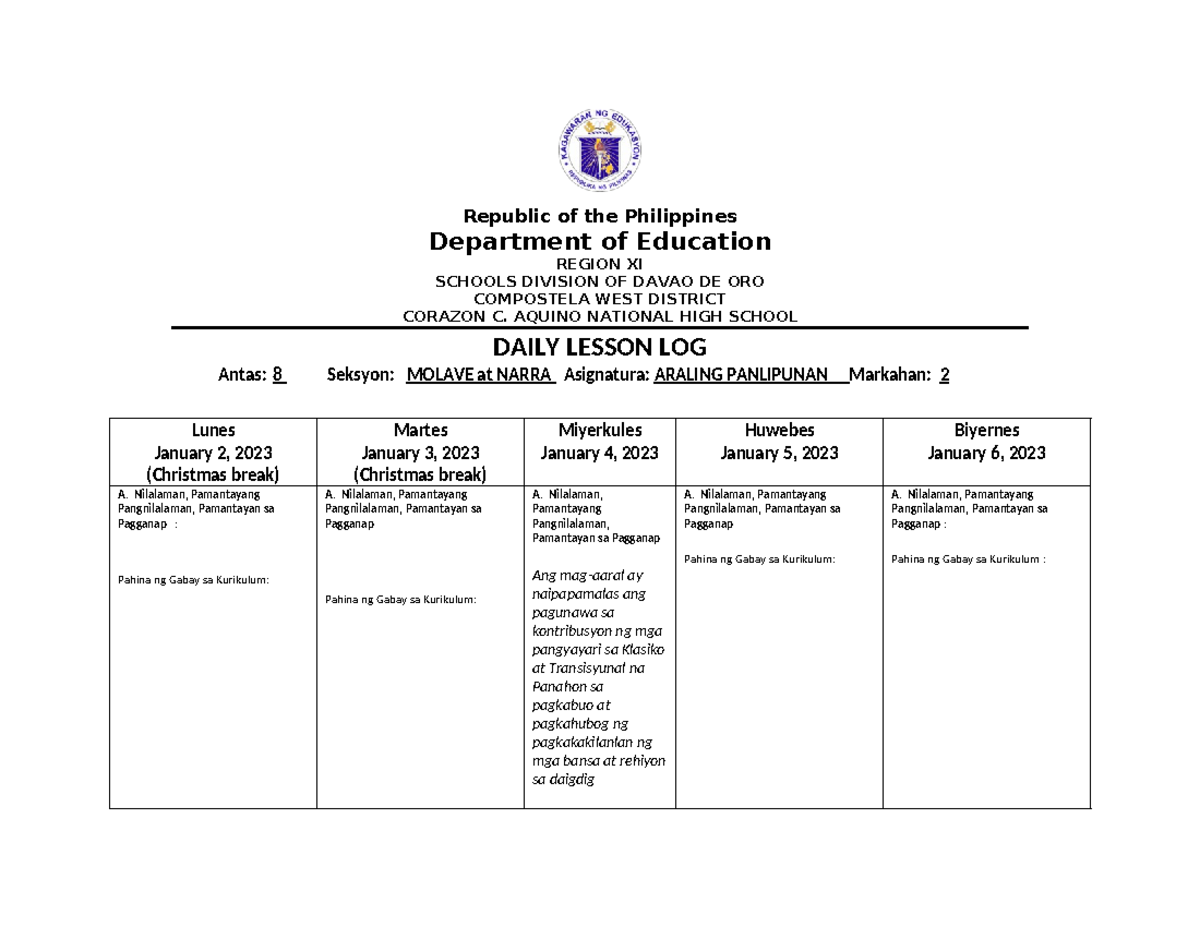 Daily lesson log - Republic of the Philippines Department of Education REGION XI SCHOOLS ...