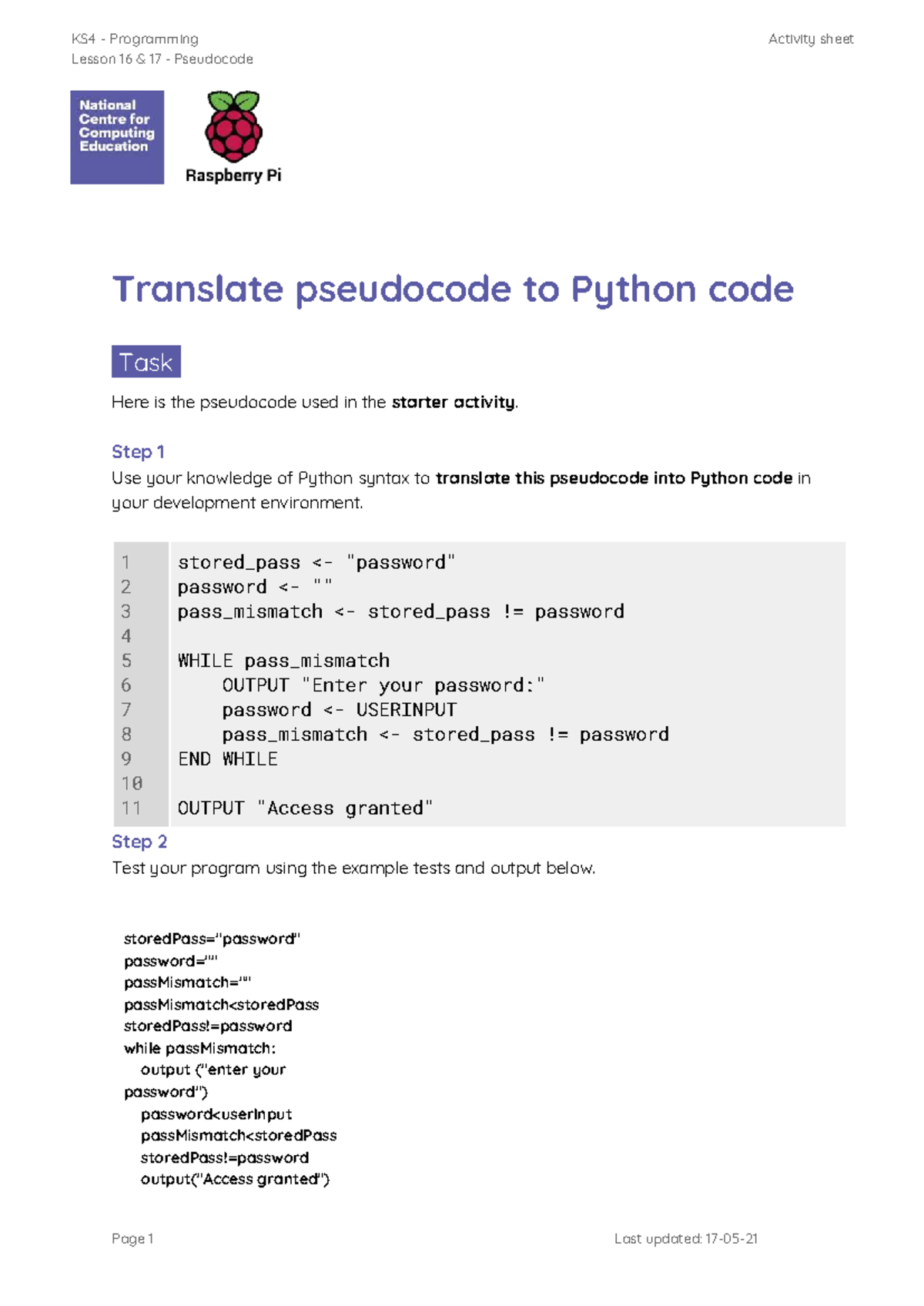 KS4 Programming Lesson 16-17: Pseudocode to Python Translation Activity ...