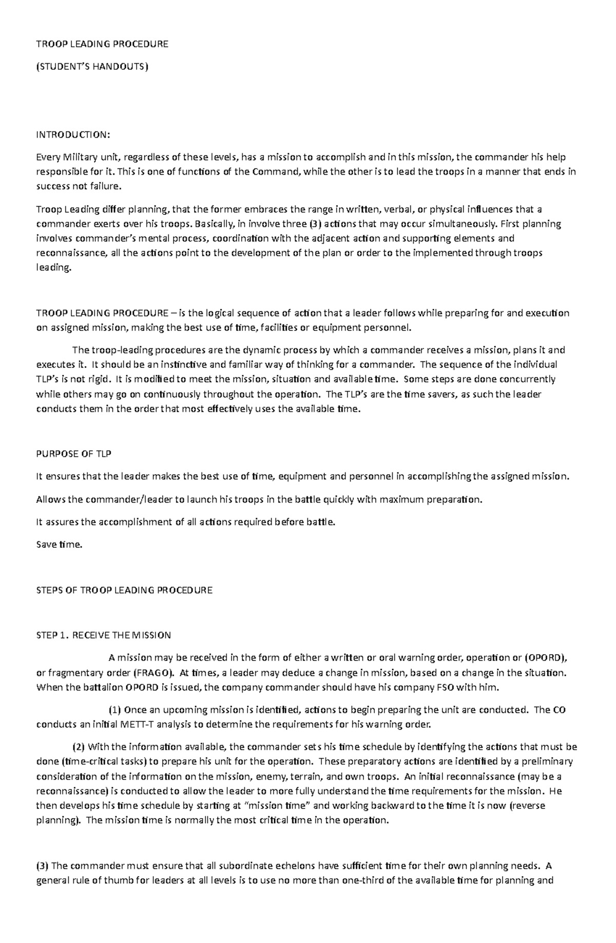 Troop Leading Procedures (TLP) - Student Handout Guide - Studocu