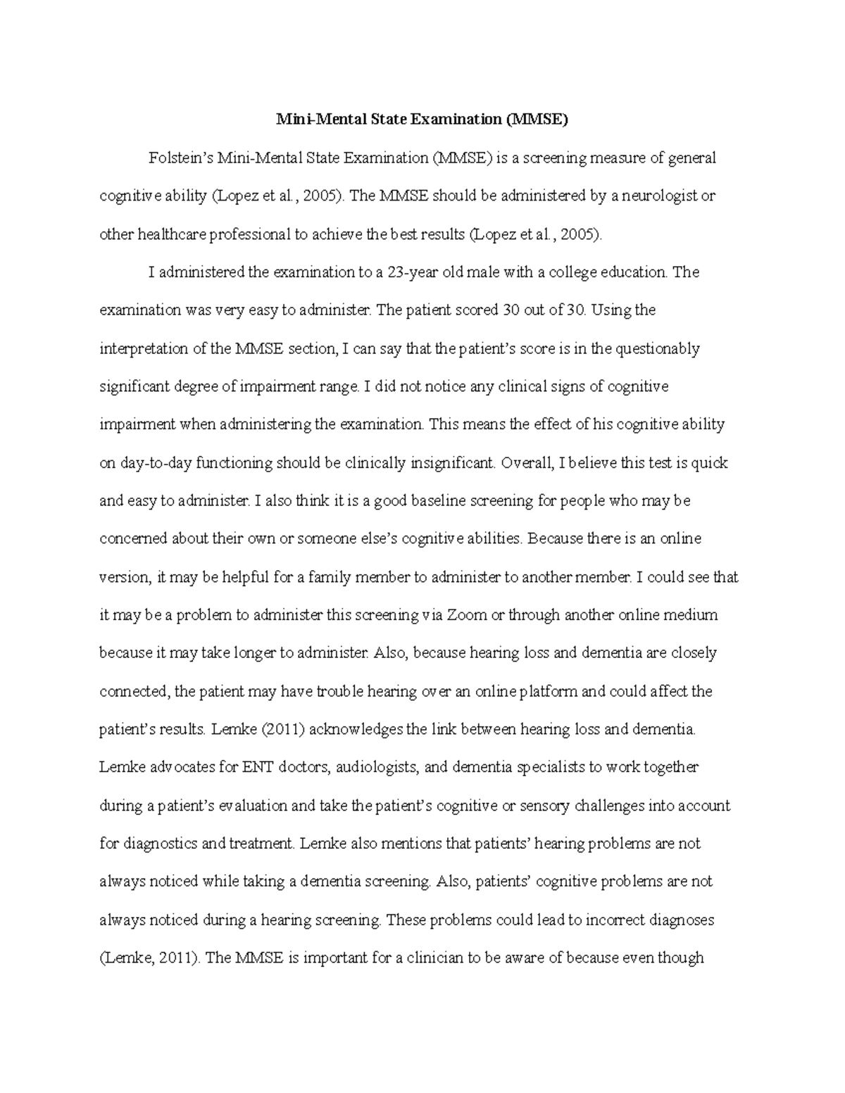 MMSE Report on Cognitive Impairment Assessment and Insights - Studocu