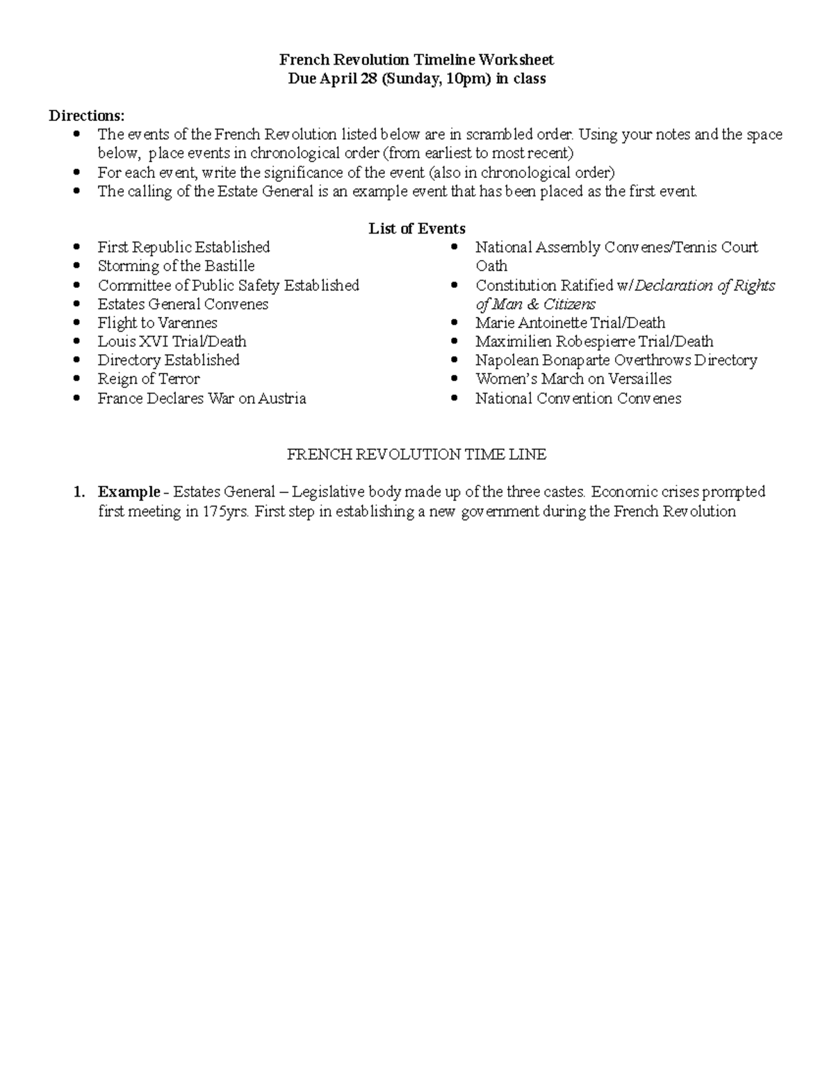 French Revolution Timeline Worksheet (Due April 28) - Studocu
