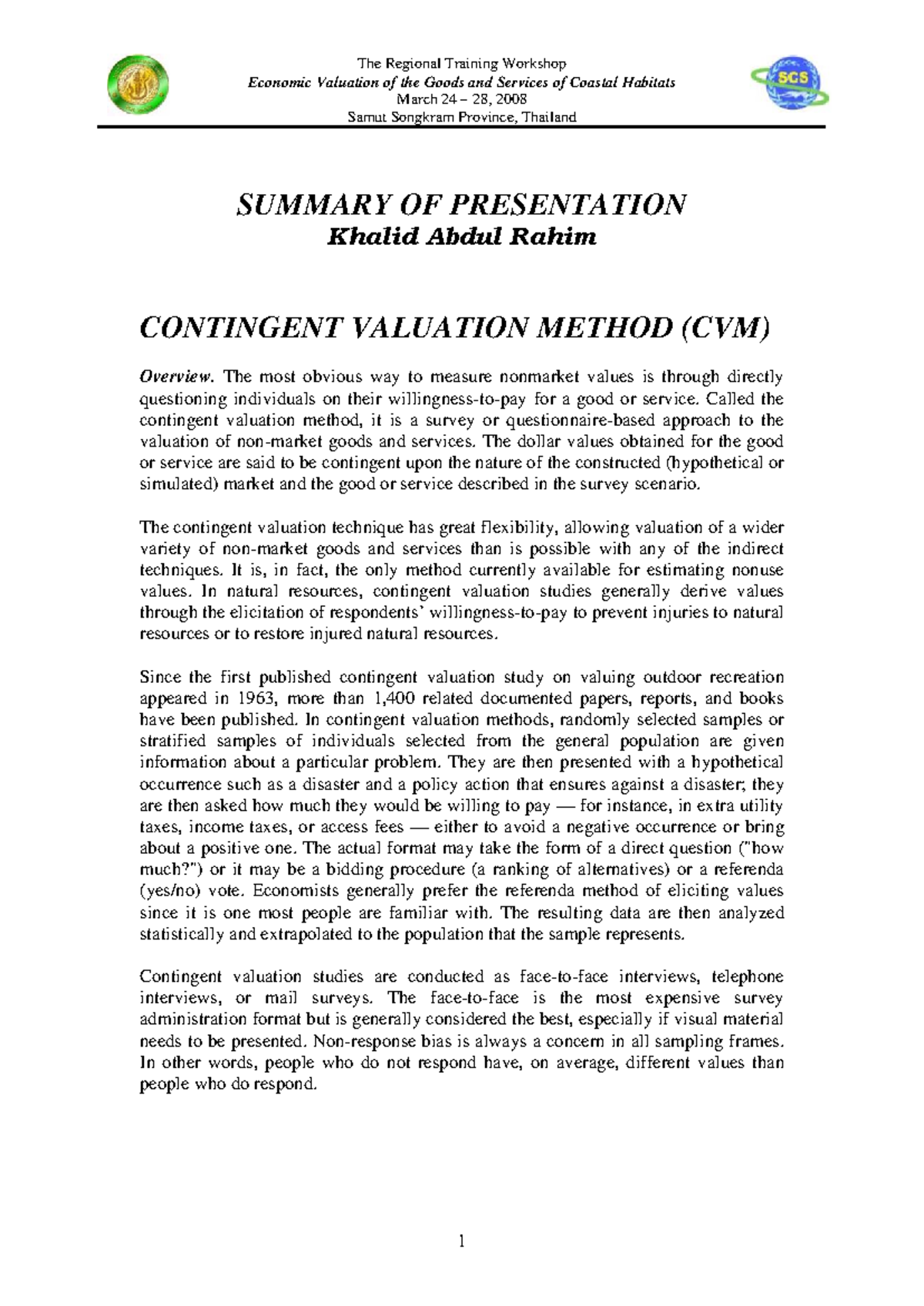 Contingency Valuation Method - The Regional Training Workshop Economic ...