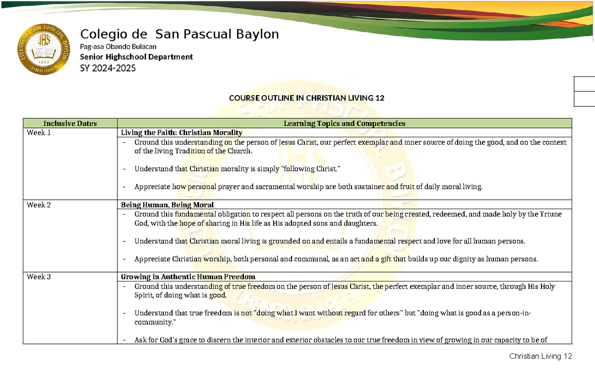 Course Outline: Christian Living 12 - SY 2024 at Colegio de San Pascual ...
