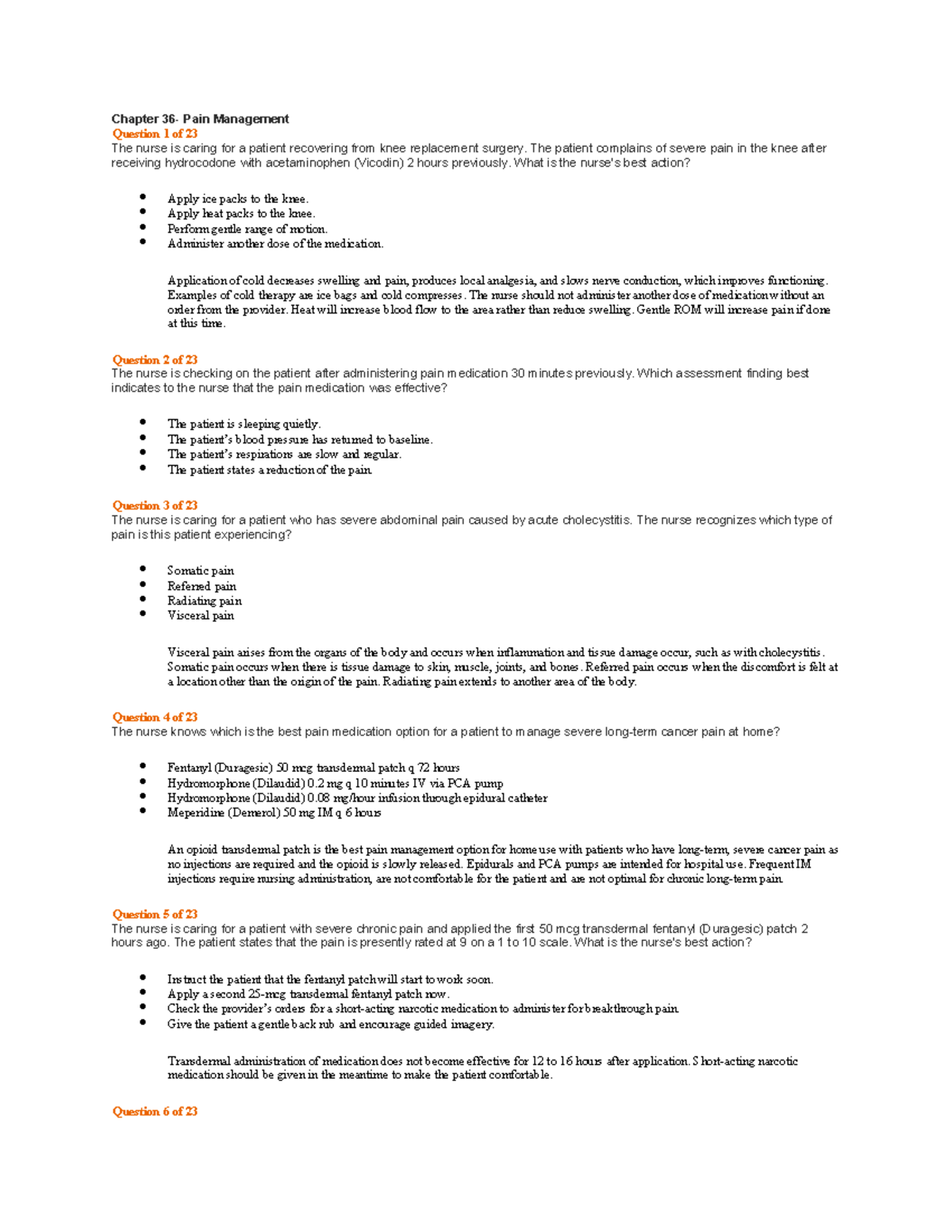 Chapter 36 - Pain Management: Key Nursing Questions and Answers - Studocu