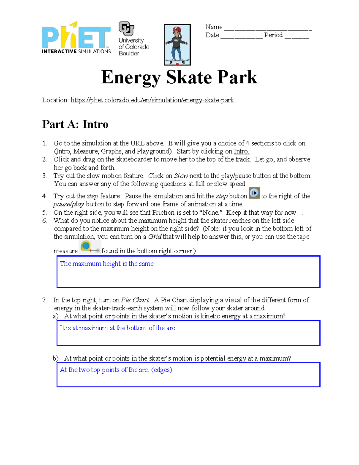 Energy Skate Park Simulation Guide: Exploring Energy Forms and Graphs ...