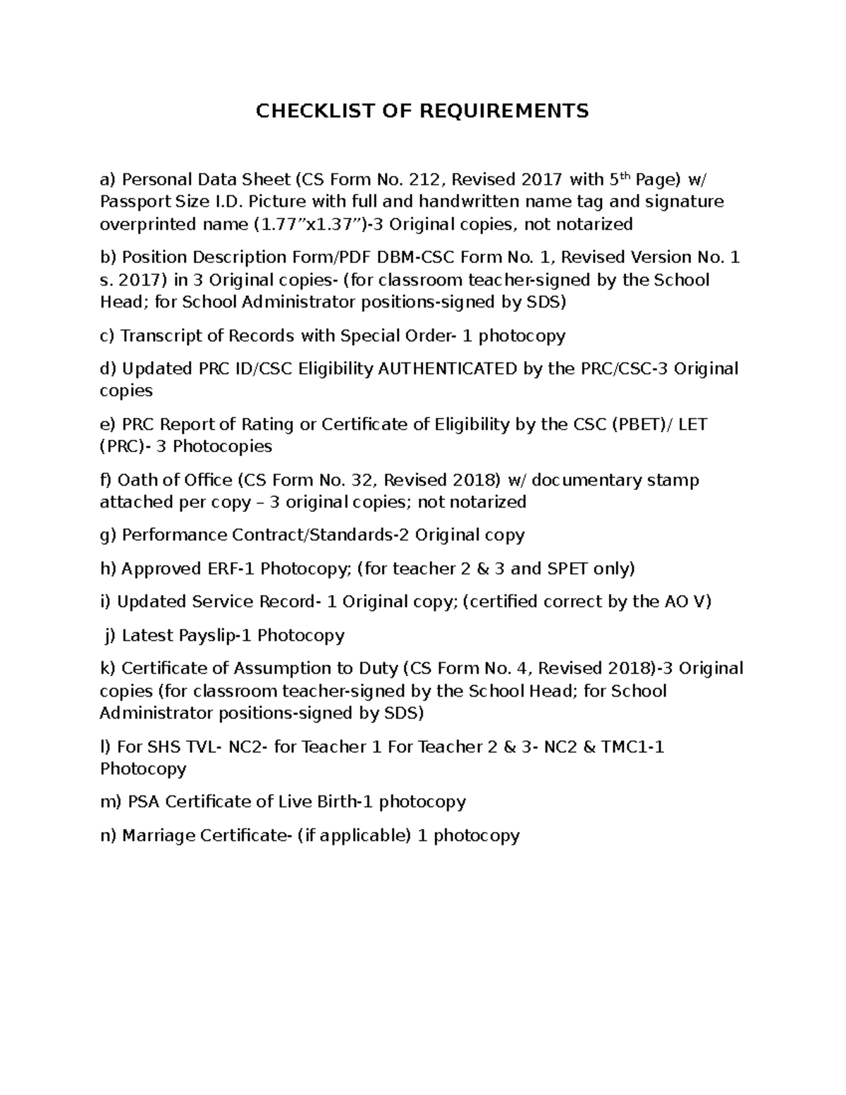 CHECKLIST OF REQUIREMENTS FOR SCHOOL ADMINISTRATOR (SDS) - Studocu